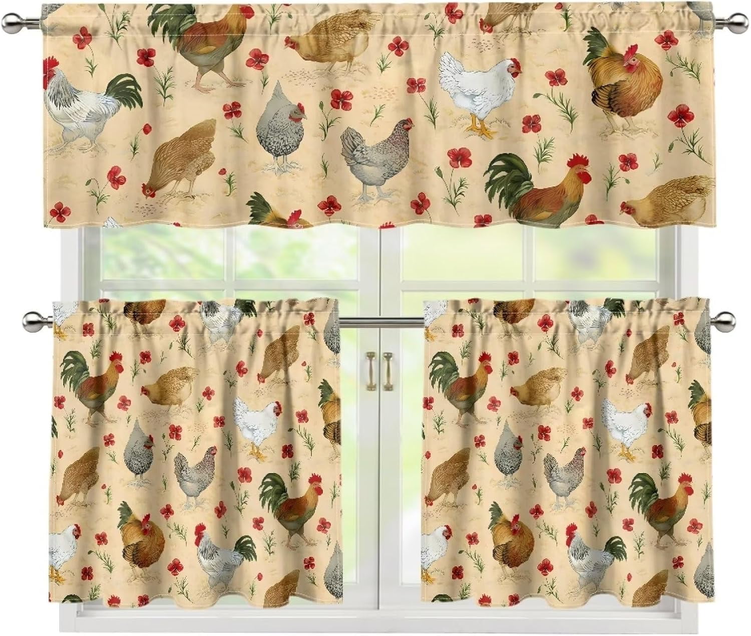 Rooster Chicken Window Kitchen Curtain Tier and Valance,3 Piece Kitchen ...