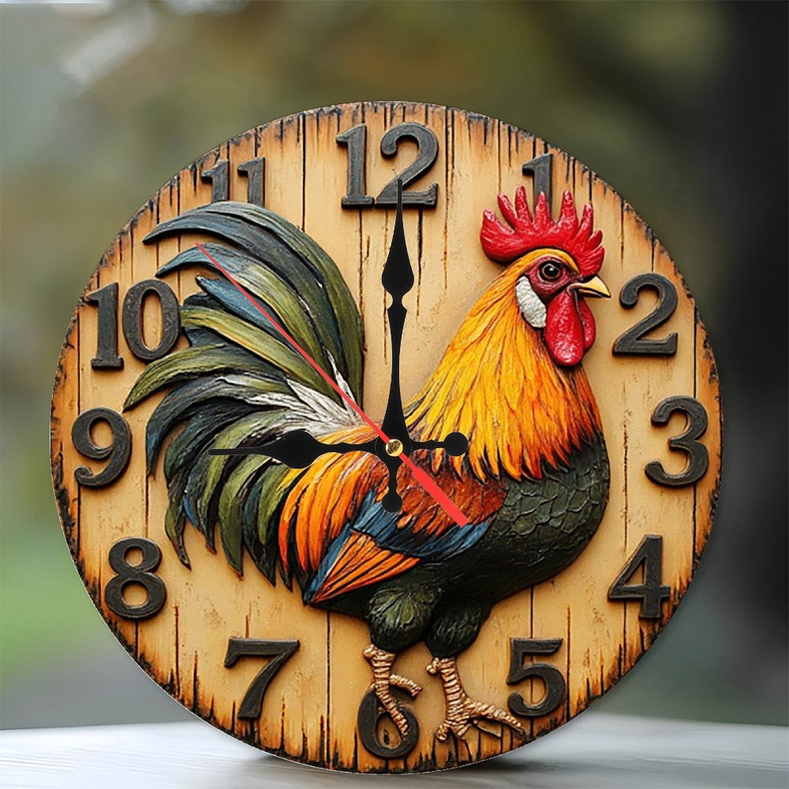 Rooster Clock Wall Decor Farmhouse Style 10-Inch Silent Wooden Wall ...