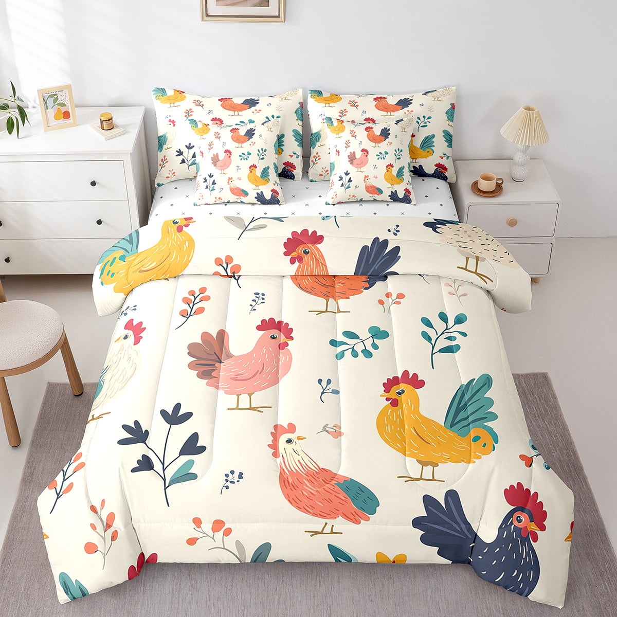 Rooster Comforter Set 7 Pcs Snowflake Floral Bed in a Bag Cartoon ...
