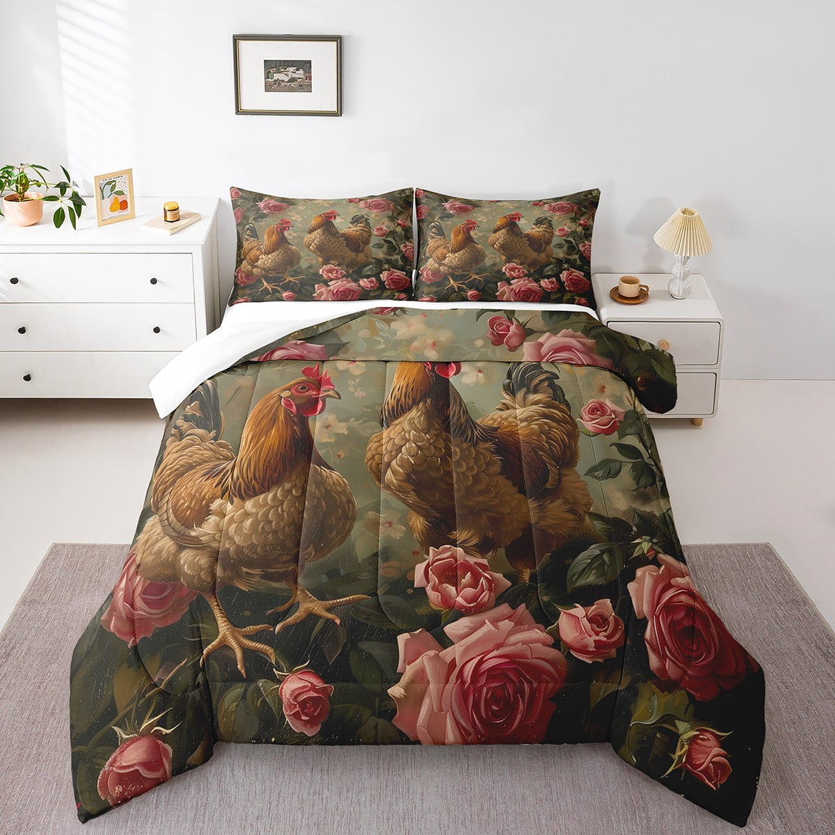 Rooster Comforter Set Pink Rose Queen Bedding Sets,Farm Animals Quilt ...