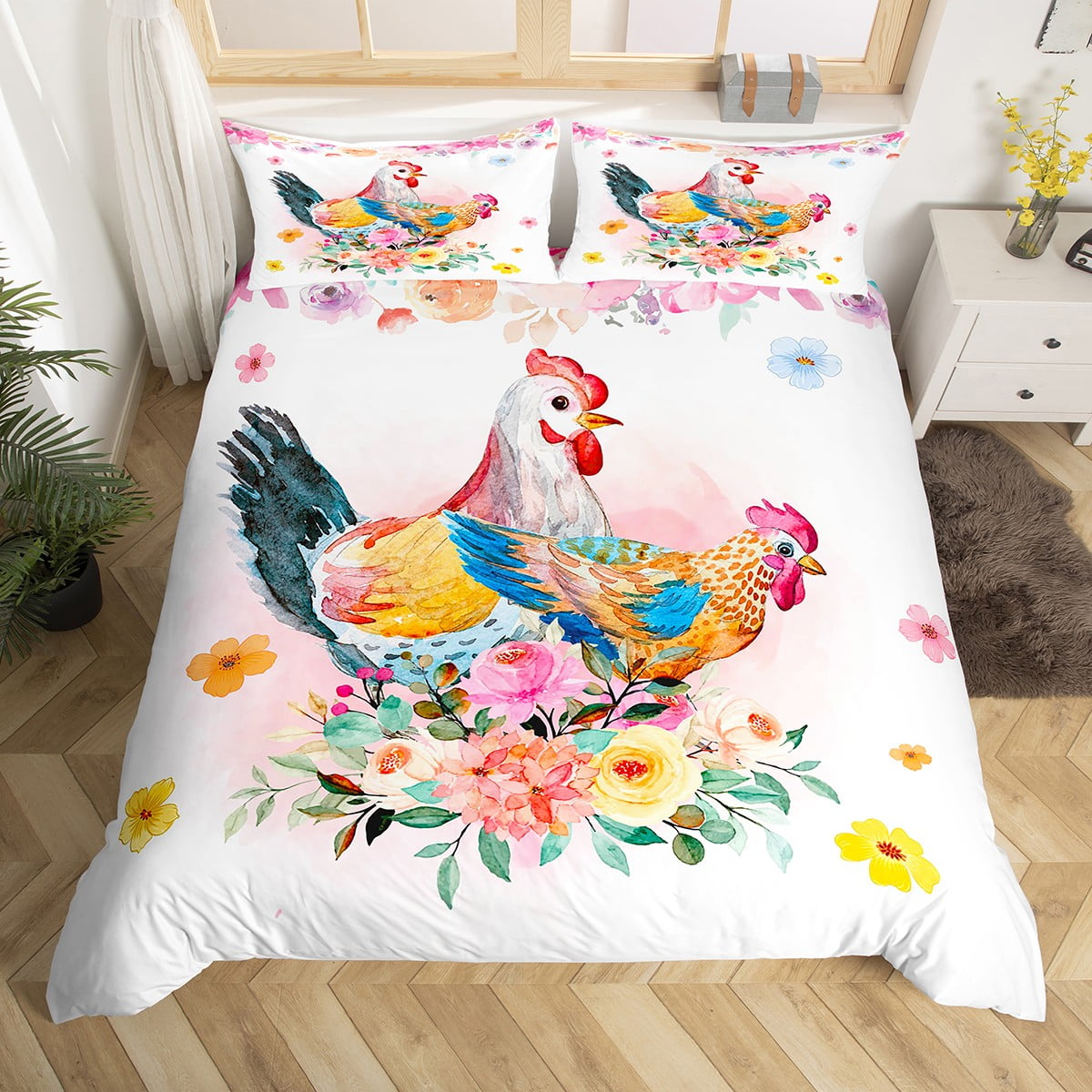 Rooster Duvet Cover Boho Floral Twin Bedding Set,Cute Chick Cock ...
