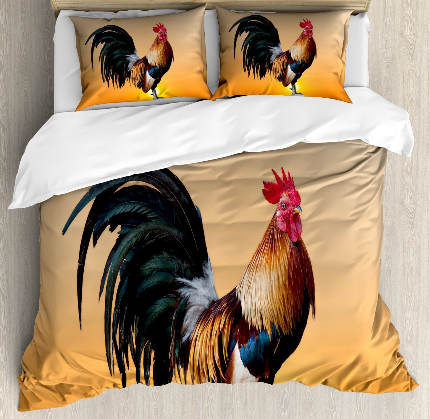 Rooster Duvet Cover Set Queen Size, Animal Cockerel on Sunrise ...