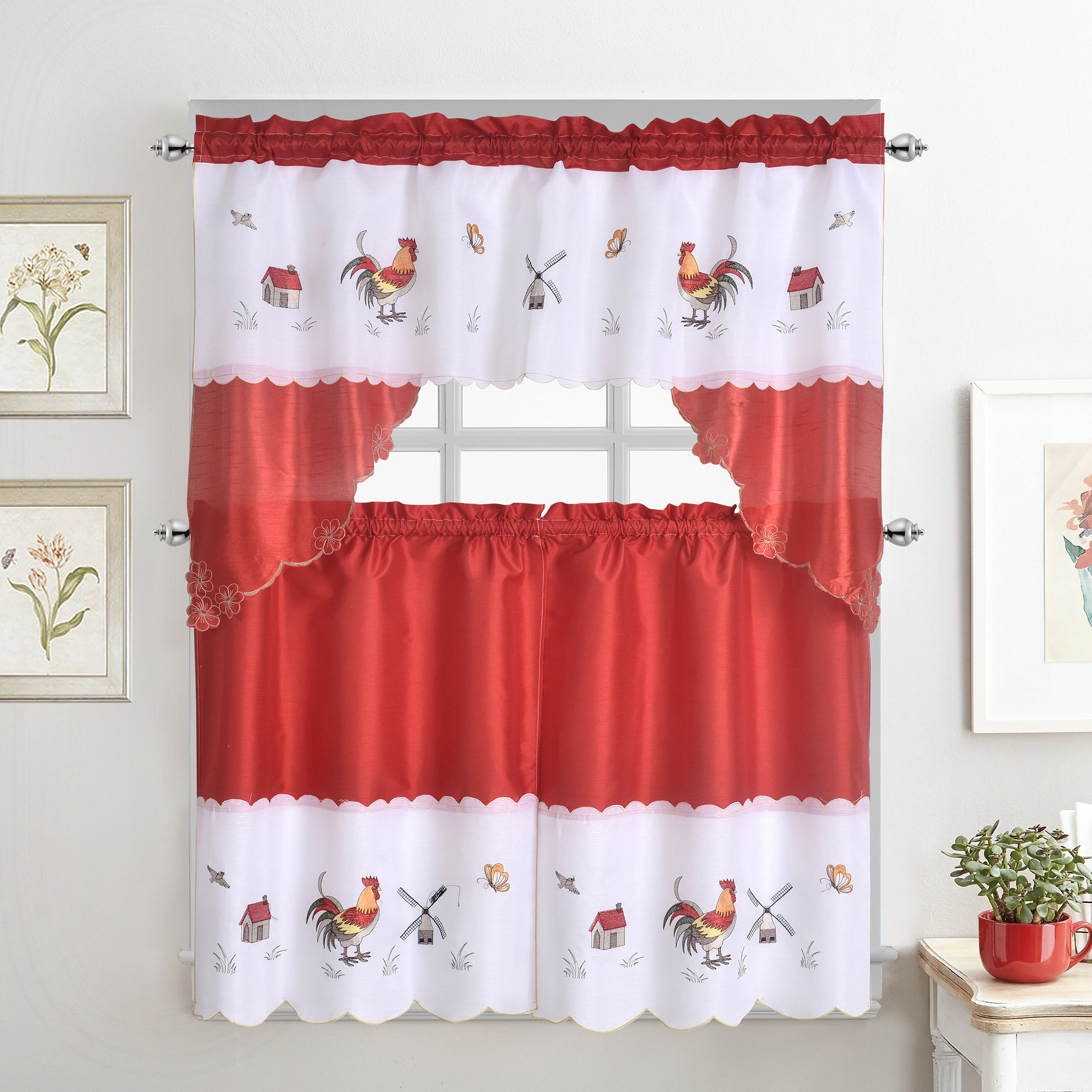 Rooster Embroidered 3-Piece Kitchen Curtain Tiers & Swag Set, Red color ...