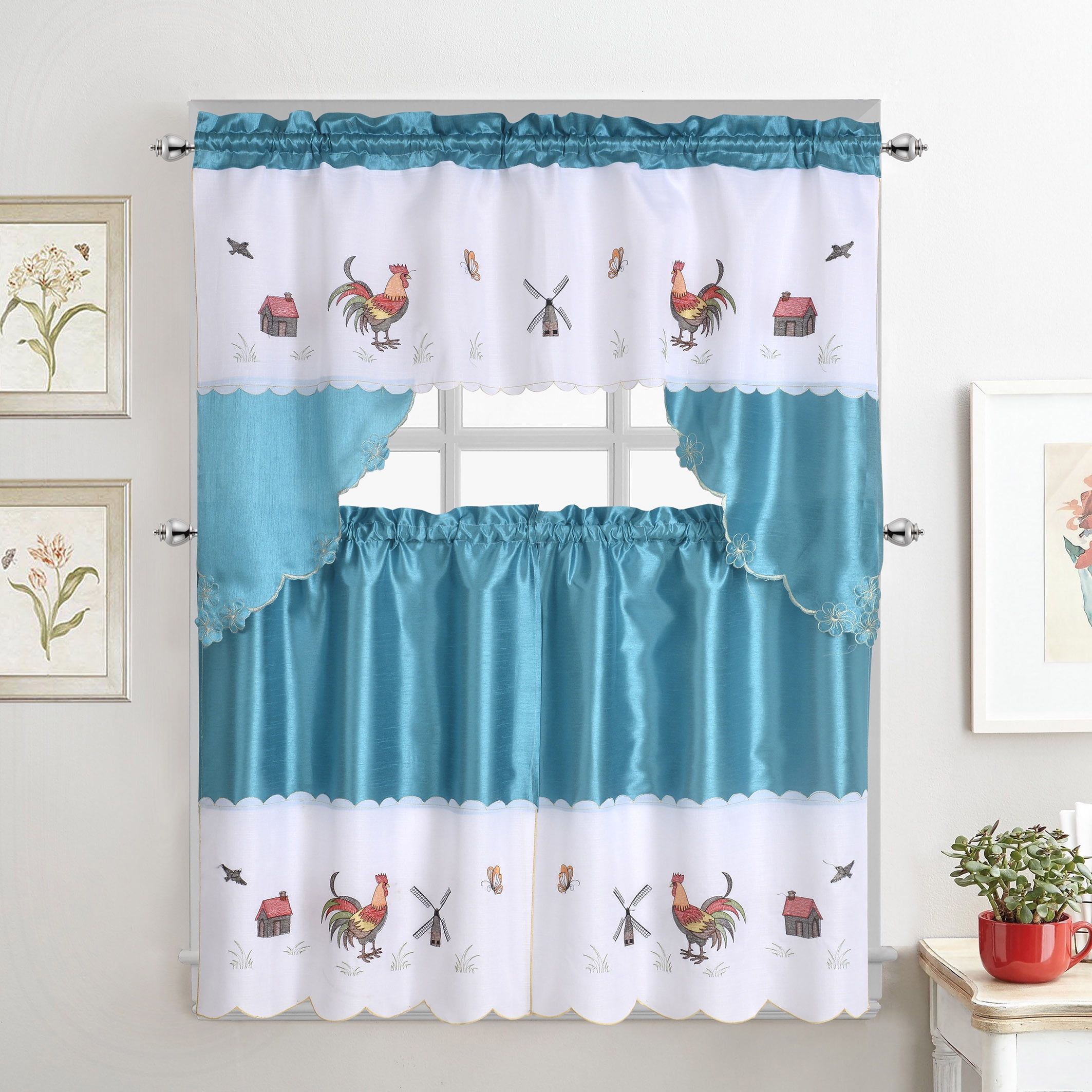 Rooster Embroidered 3-Piece Kitchen Curtain Tiers & Swag Set, Turquoise ...