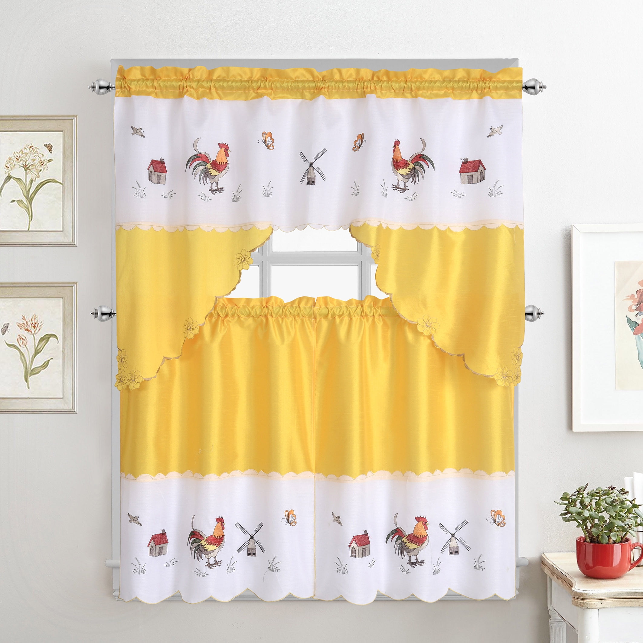Rooster Embroidered 3-Piece Kitchen Curtain Tiers & Swag Set, Yellow ...
