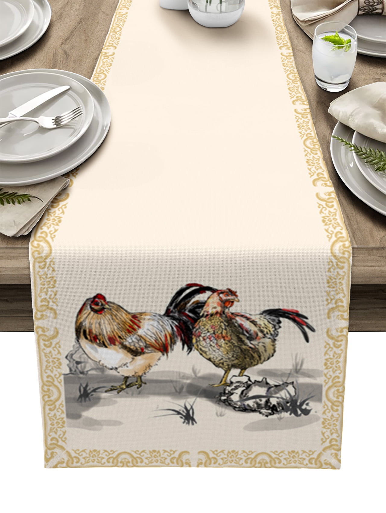 Rooster Farm Animal Country Table Runner Chinese Style Plant ...