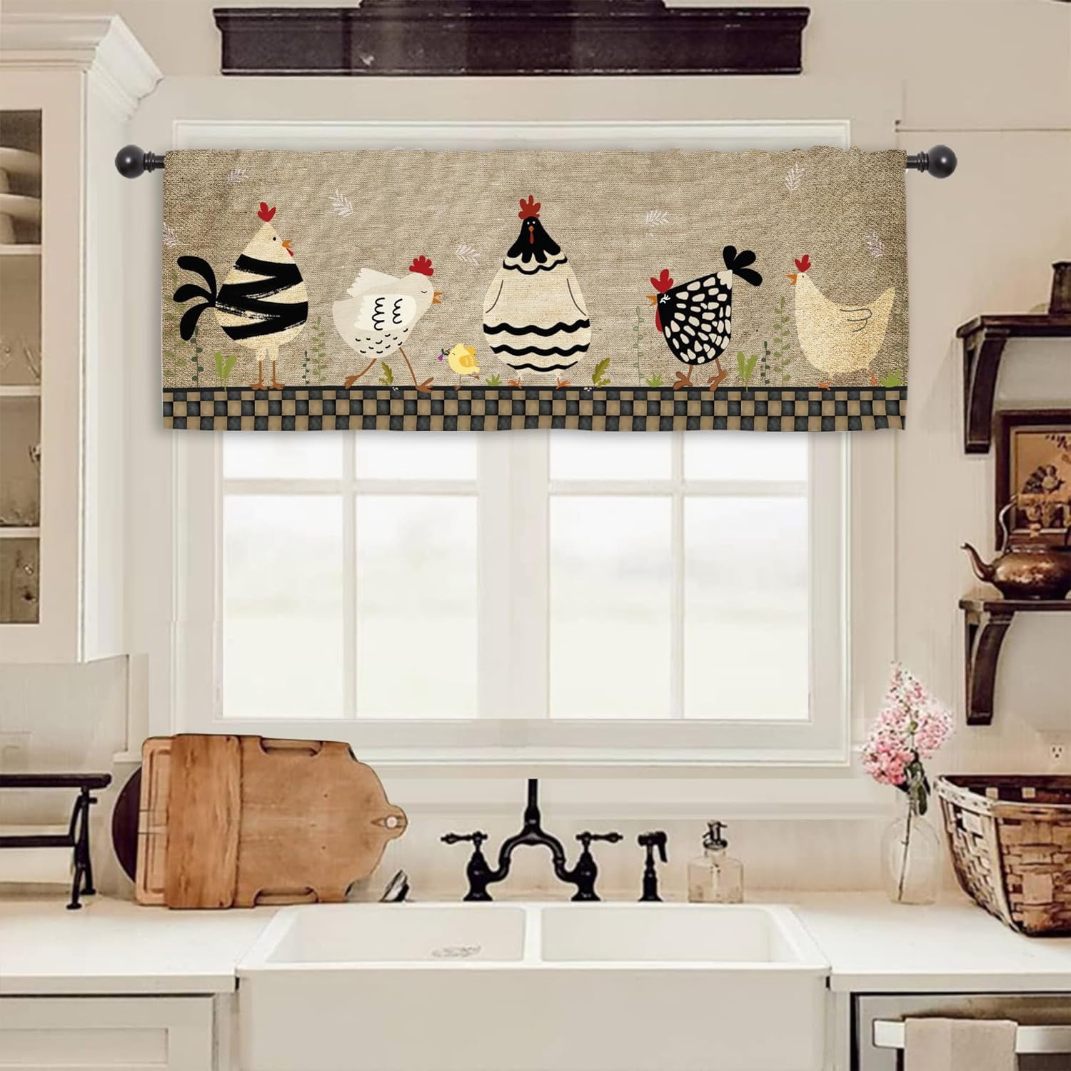 Rooster Farmhouse Kitchen Curtain Valance 54W x 18H Rod Pocket Rustic ...