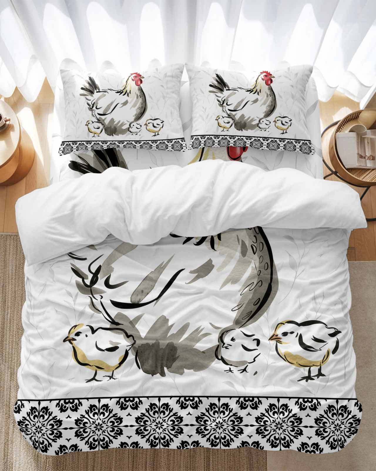 Rooster Hen Bedding Duvet Cover Set King Size 4 Pieces Chicken Farm ...