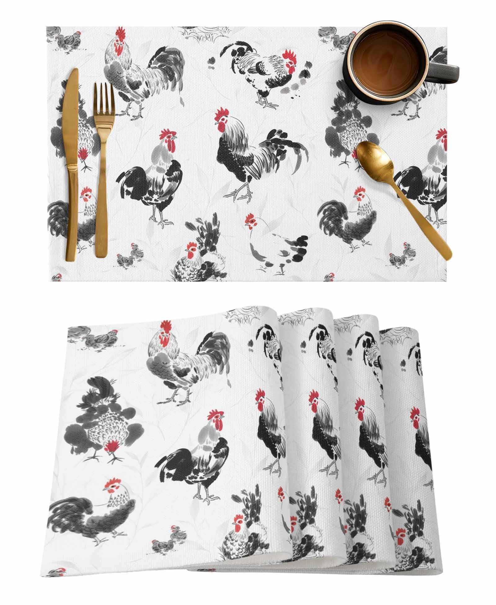 Rooster Hen Placemats Set of 6 Watercolor Farm Animal Rustic Black ...