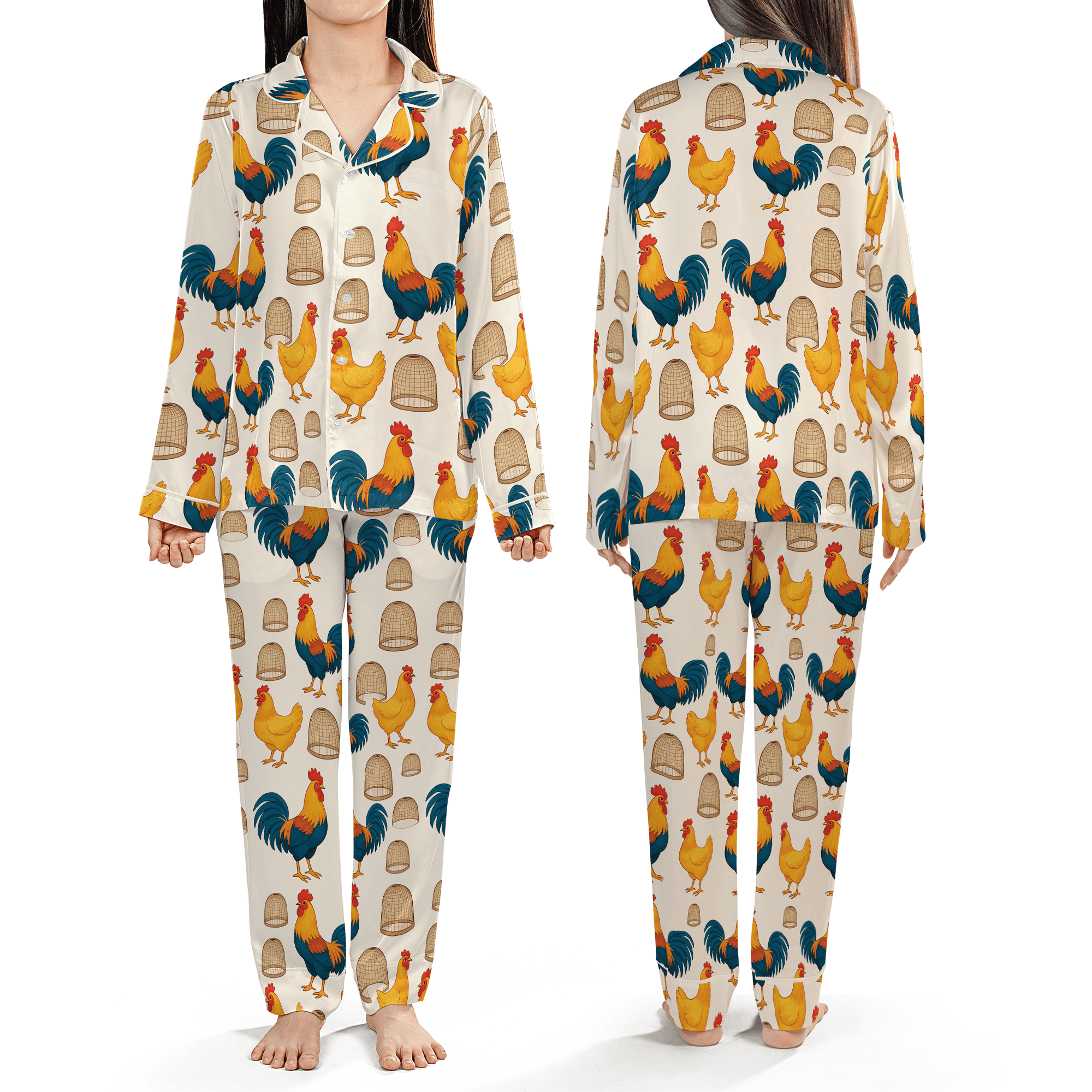 Rooster & Hen Satin Pajamas Set, Farm Chicken All Over Print Sleepwear ...