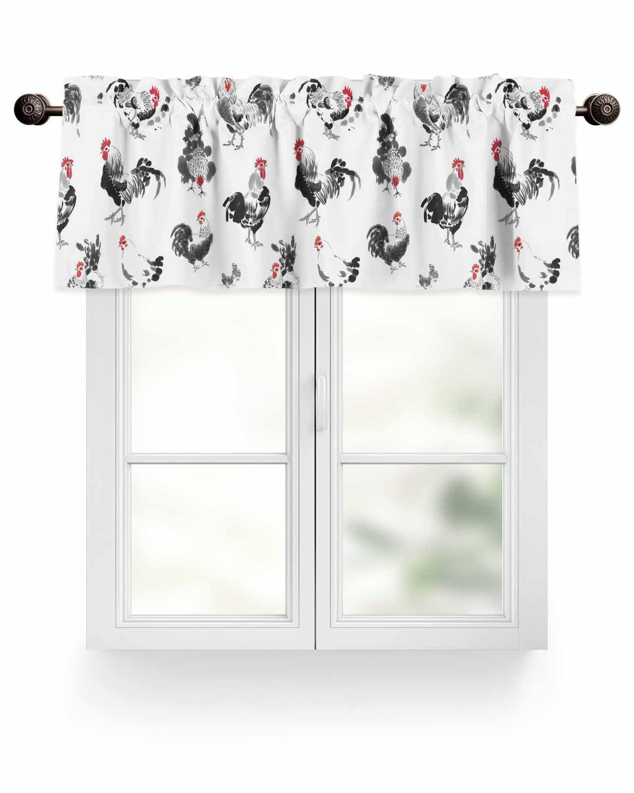 Rooster Hen Valances for Windows Watercolor Chicken Farm Animal Black ...