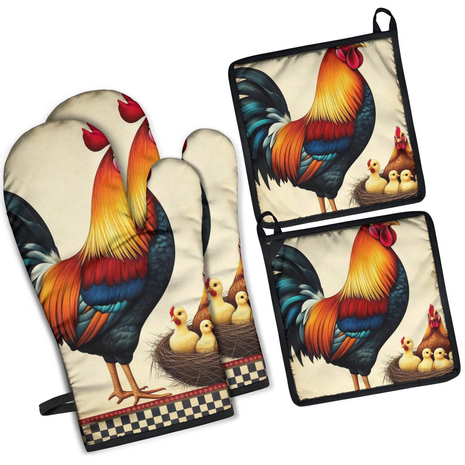 Rooster Hen and Chicks Kitchen Oven Mitt and Pot Holder Sets 4 Pcs for ...