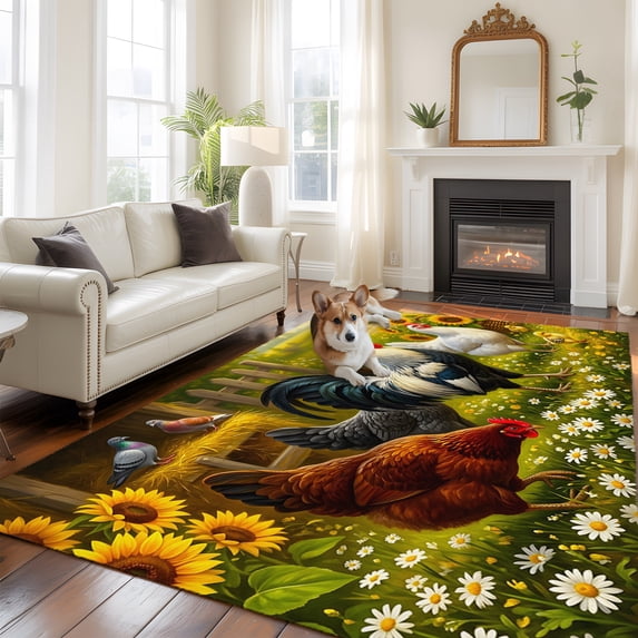 Rooster Hens Animal Washable Area Rug 6x9 Rustic Farmhouse Flowers ...