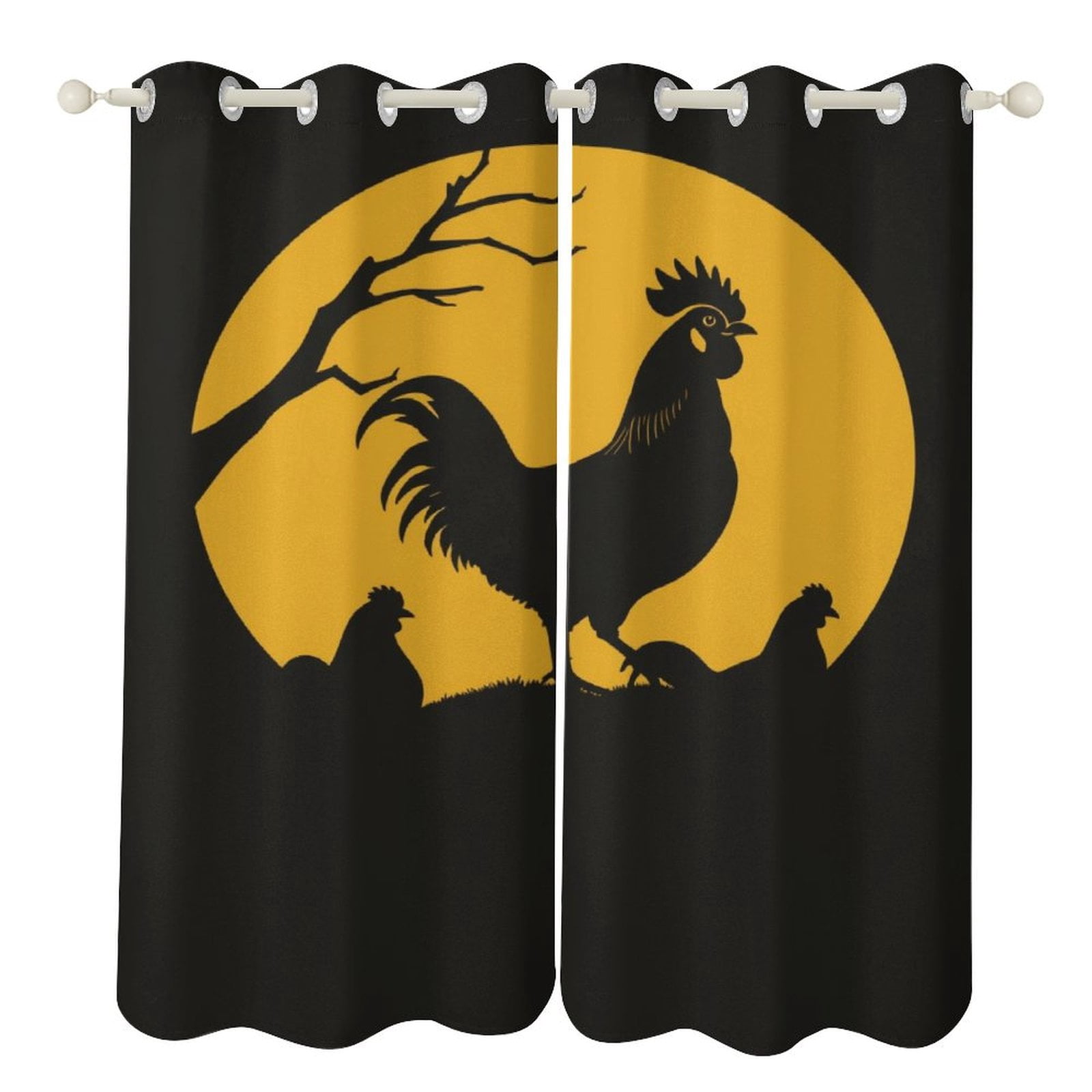 Rooster Hens Moon 2 Pieces Window Drape Curtain for Living Room Bedroom ...