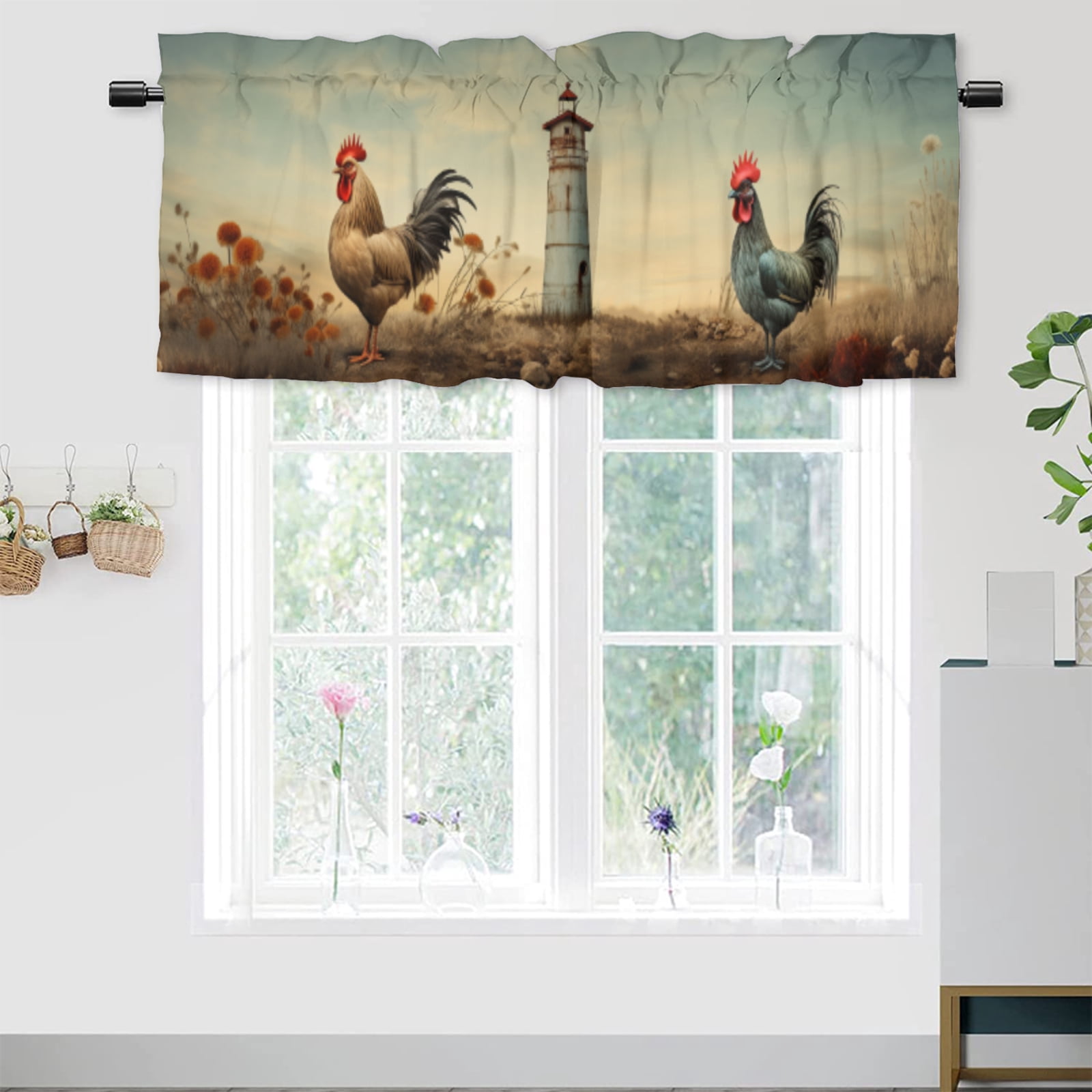 Rooster Kitchen Curtain Valances Farm Animal Flowers Chicken Floral ...