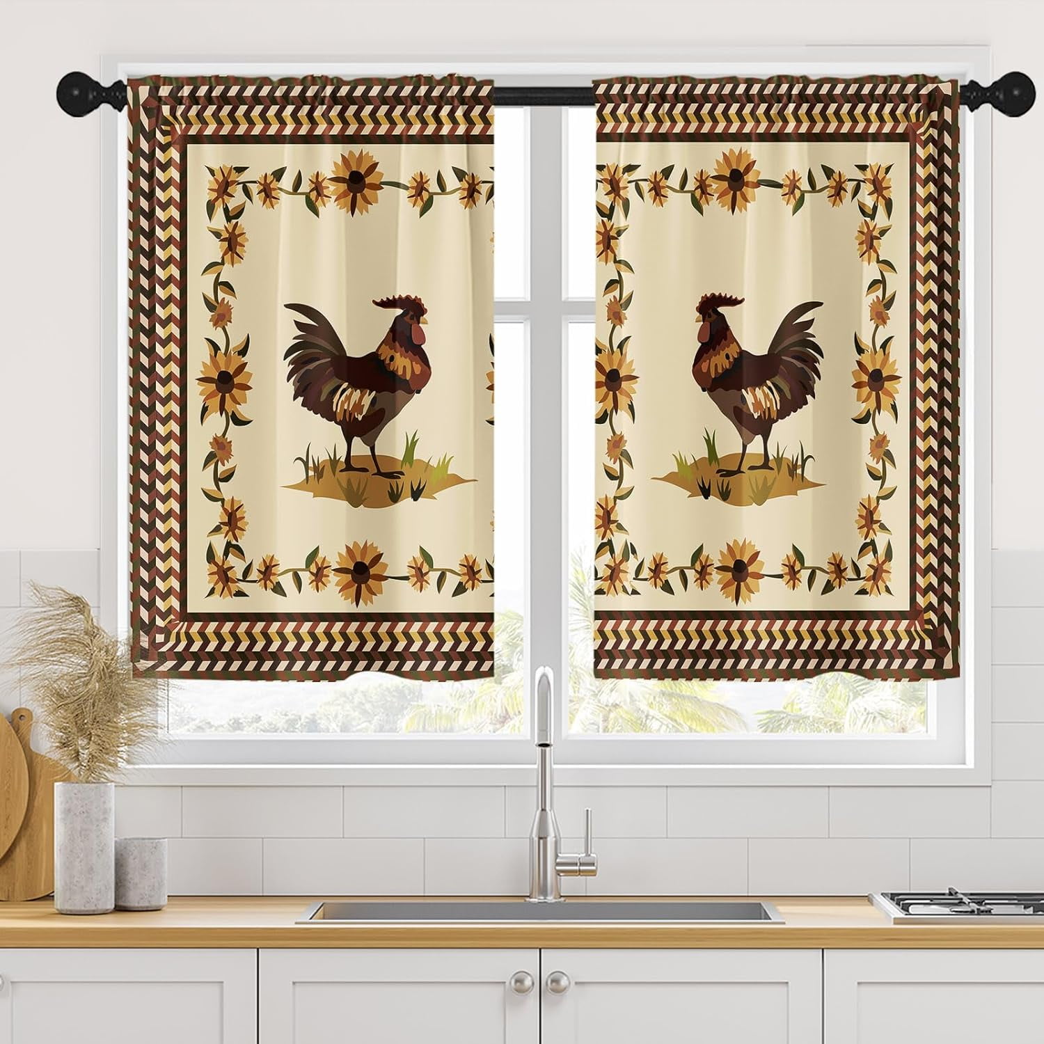 Rooster Kitchen Curtains 36 Inch Length Farmhouse Floral Window ...