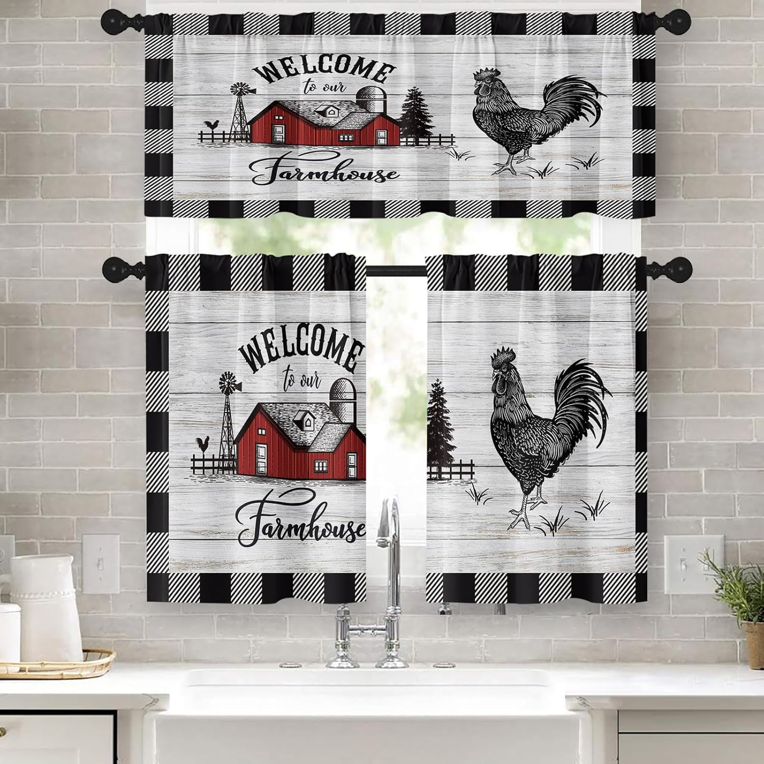 Rooster Kitchen Curtains Farmhouse Window Curtains Valance and Tier Set ...