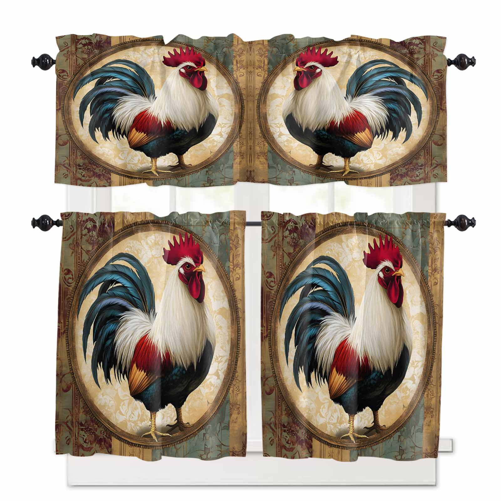 Rooster Kitchen Curtains Set for Windows 3 Pieces,36 Inch Length Tier ...