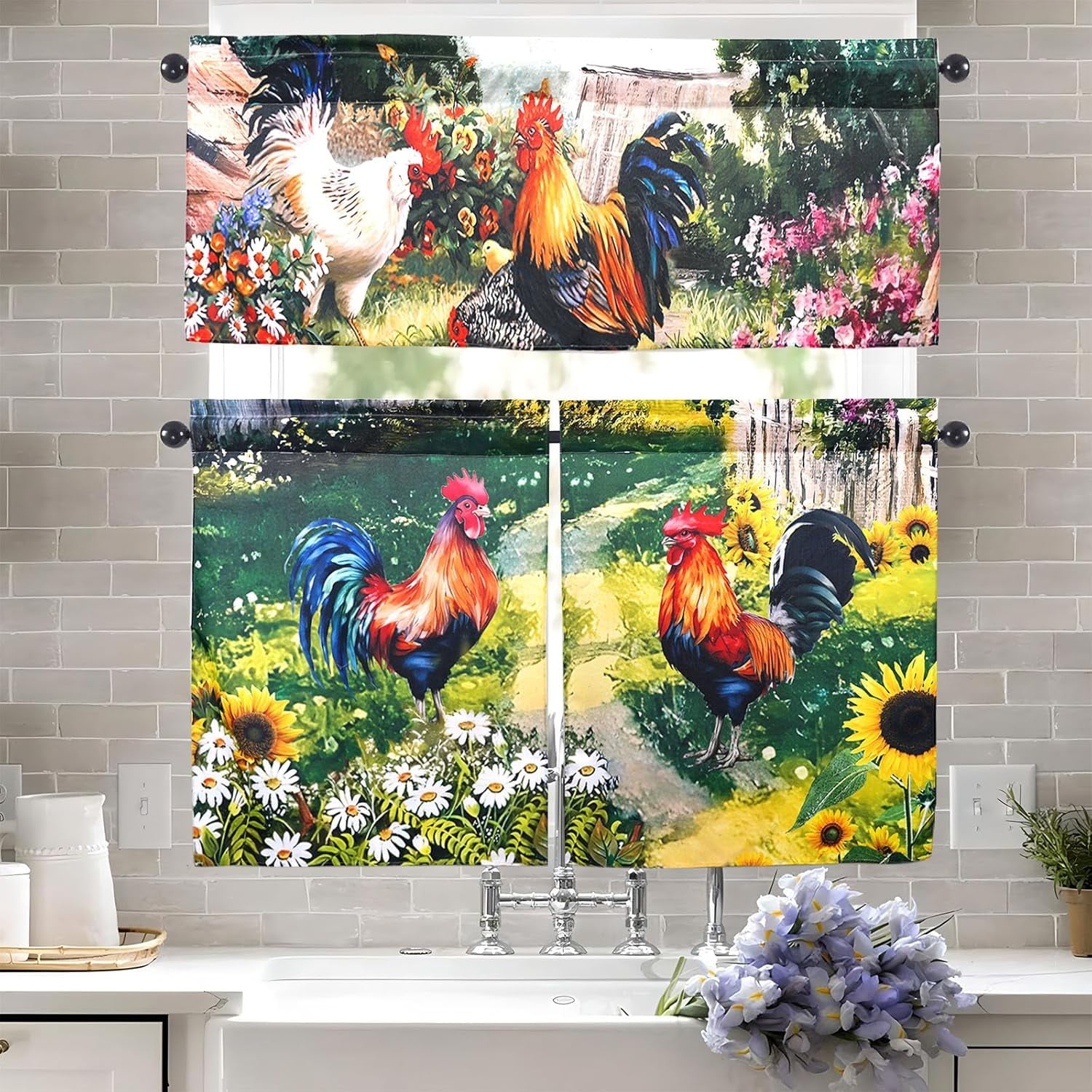 Rooster Kitchen Curtains and Valances Set - 3 Piece Kitchen Curtains 36 ...