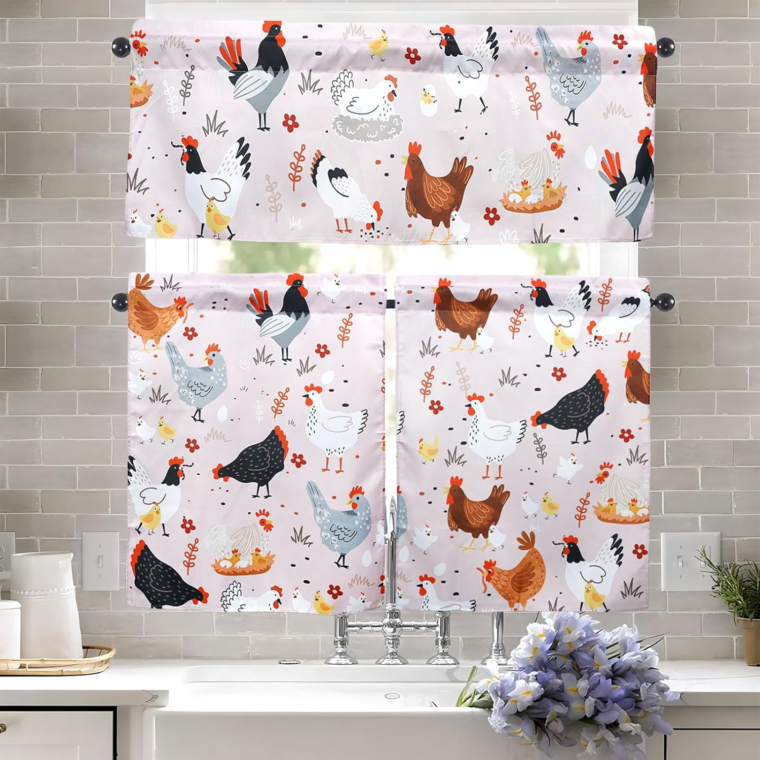 Rooster Kitchen Curtains and Valances Set - 3 Piece Kitchen Curtains 36 ...