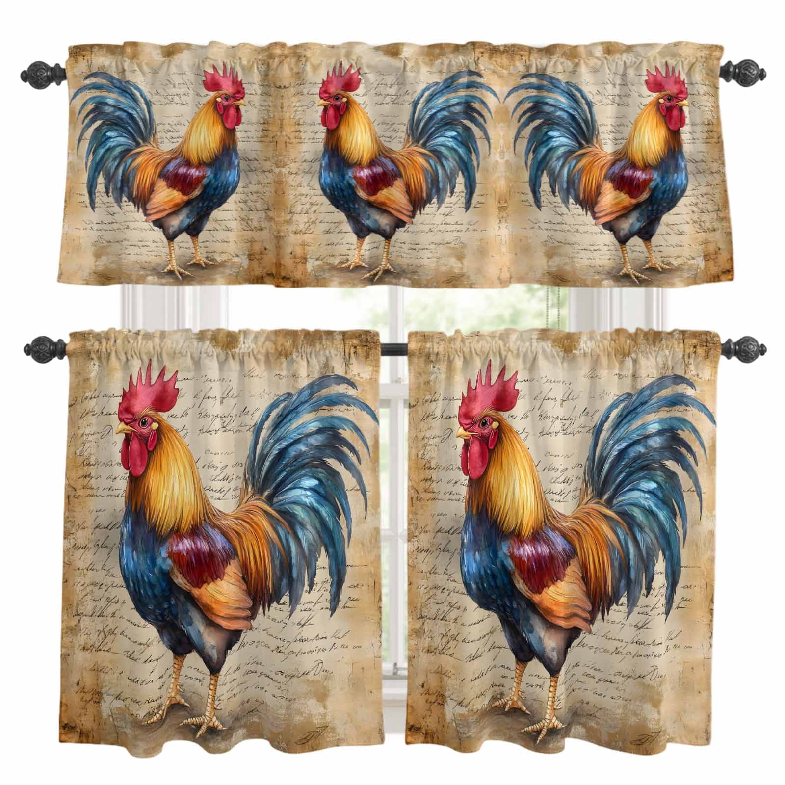 Rooster Kitchen Curtains Valances and Tiers Set of 3 Retro Animal Tier ...
