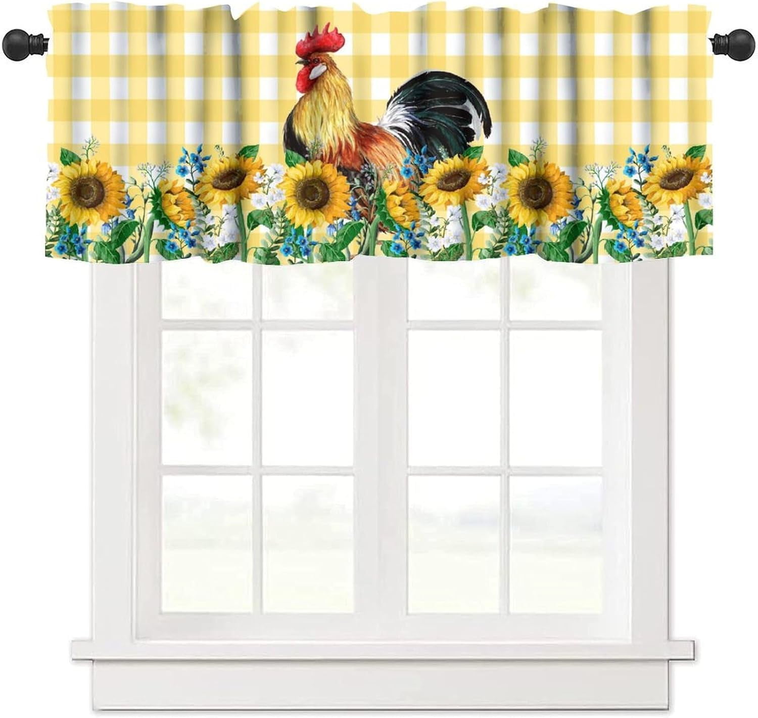 Rooster Kitchen Curtains Yellow White Buffalo Plaid Sunflowers Vintage ...