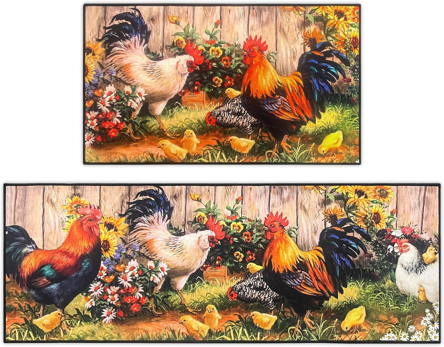 Rooster Kitchen Rug 2 Piece Set, Country Farmhouse Style Sunflower ...