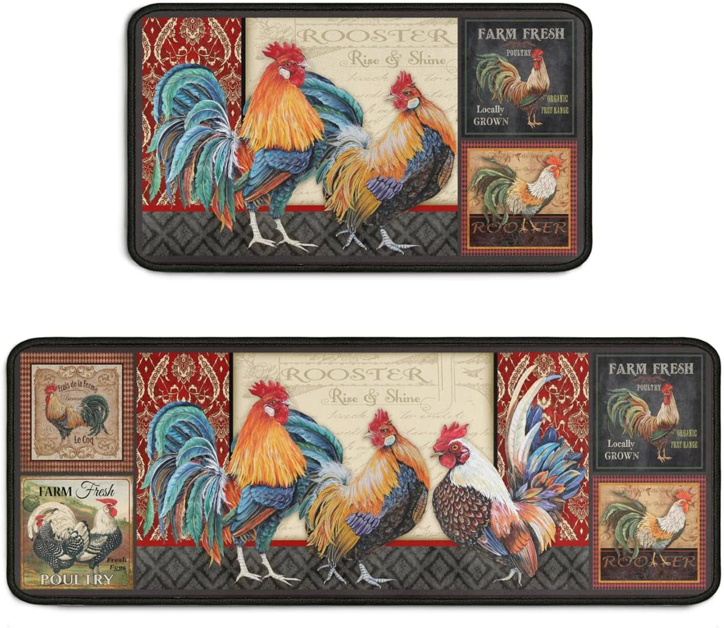 Rooster Kitchen Rug 2 Piece Set, Farmhouse Chicken Kitchen Mat, Home ...