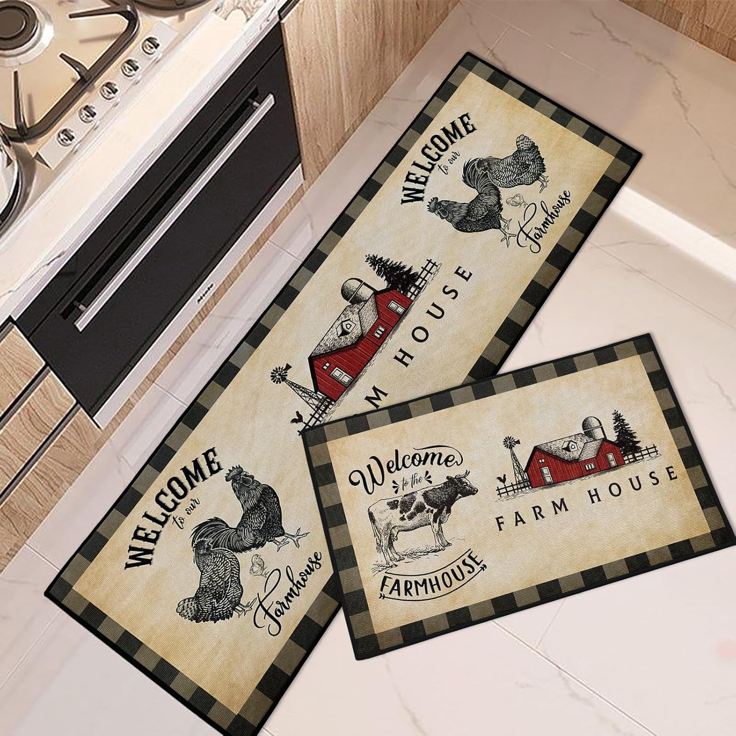 Rooster Kitchen Rugs and Mats Non Skid Washable Set of 2, Cartoon ...