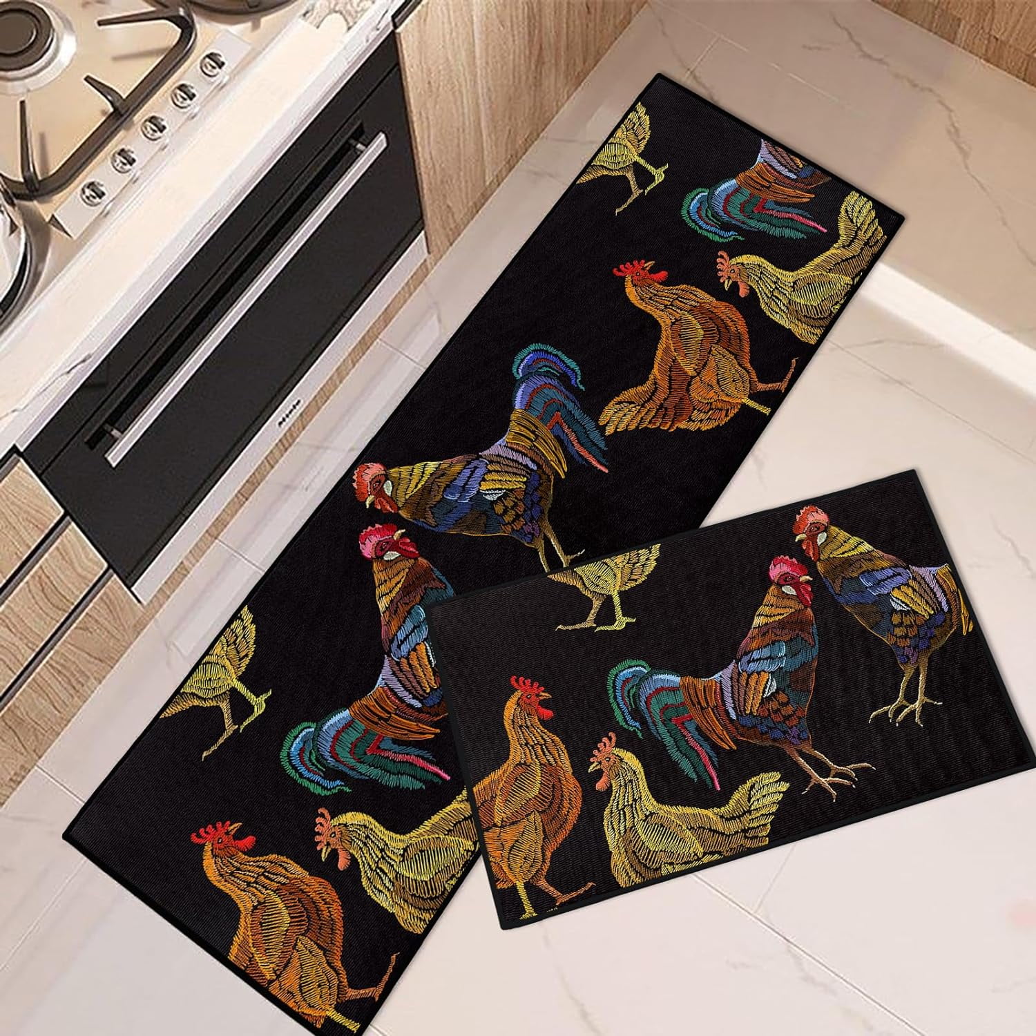 Rooster Kitchen Rugs and Mats Non Skid Washable Set of 2, Vintage ...