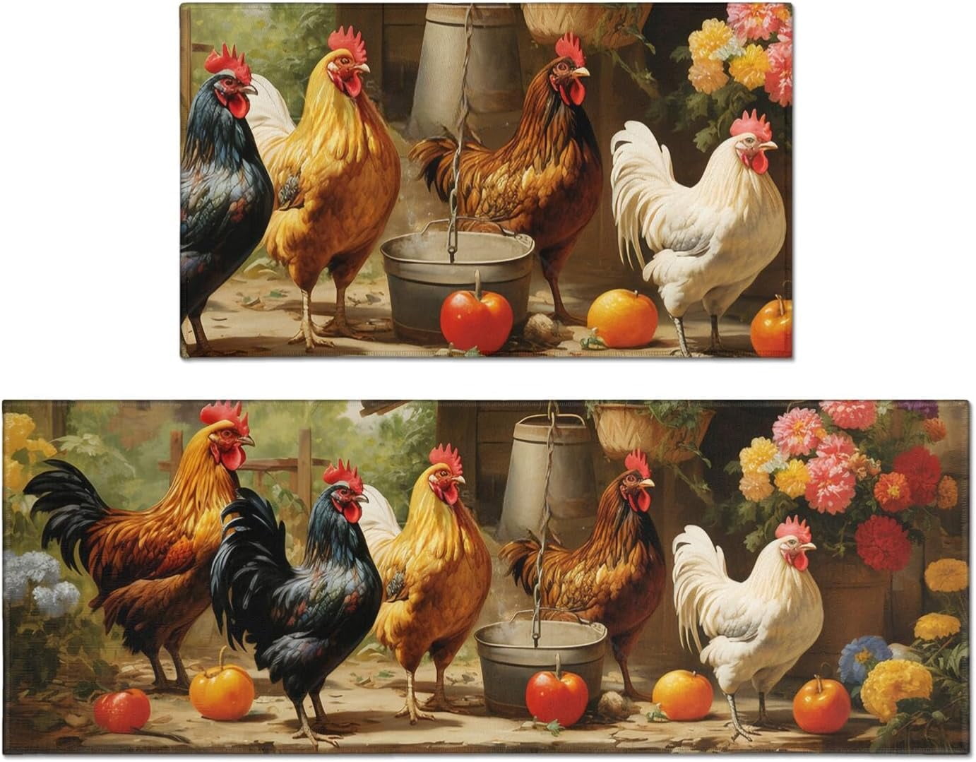 Rooster Kitchen Rugs Sets of 2, Chicken Farmhouse Washable Anti Fatigue ...