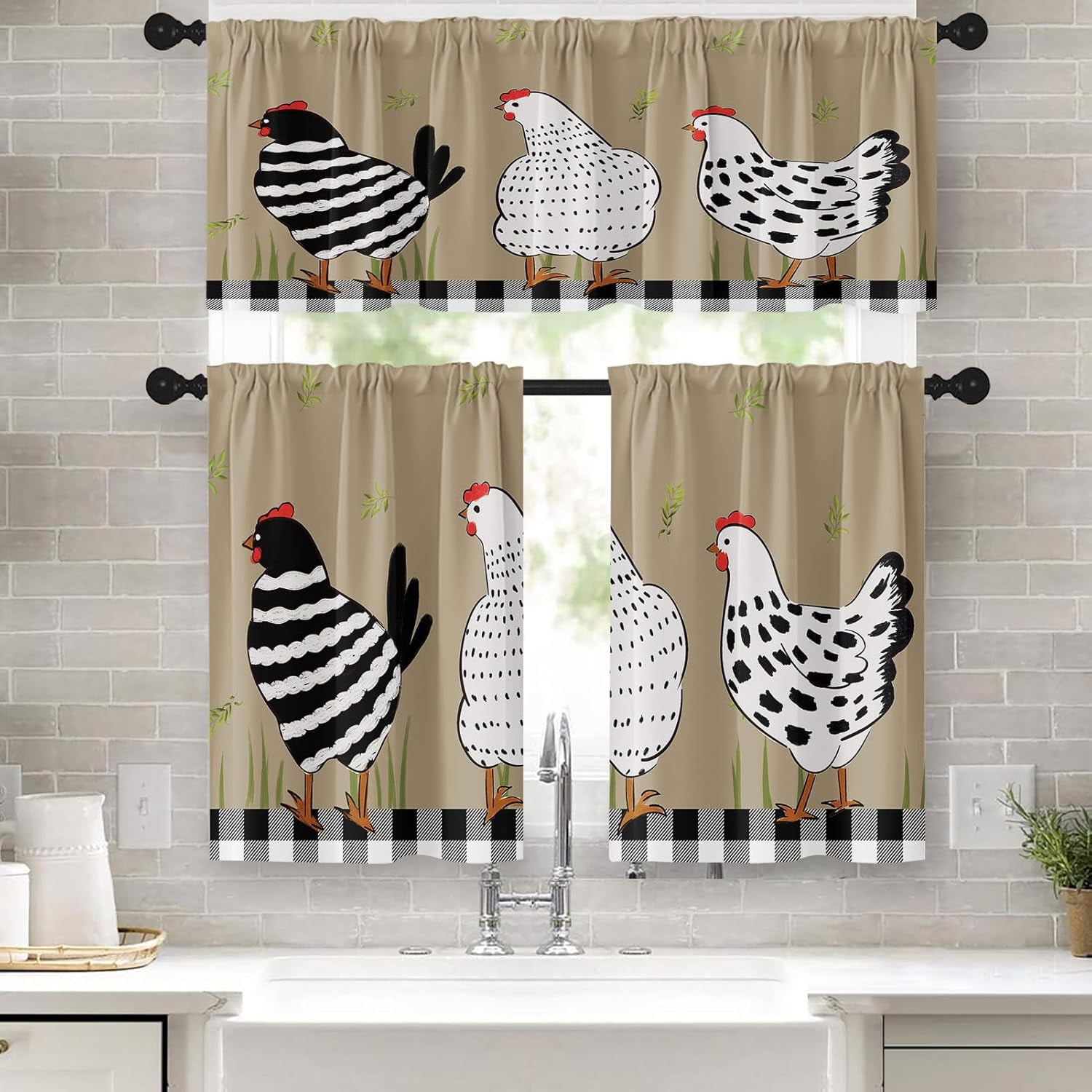 Rooster Kitchen Window Curtains Valance and Tier Set Farmhouse Black ...