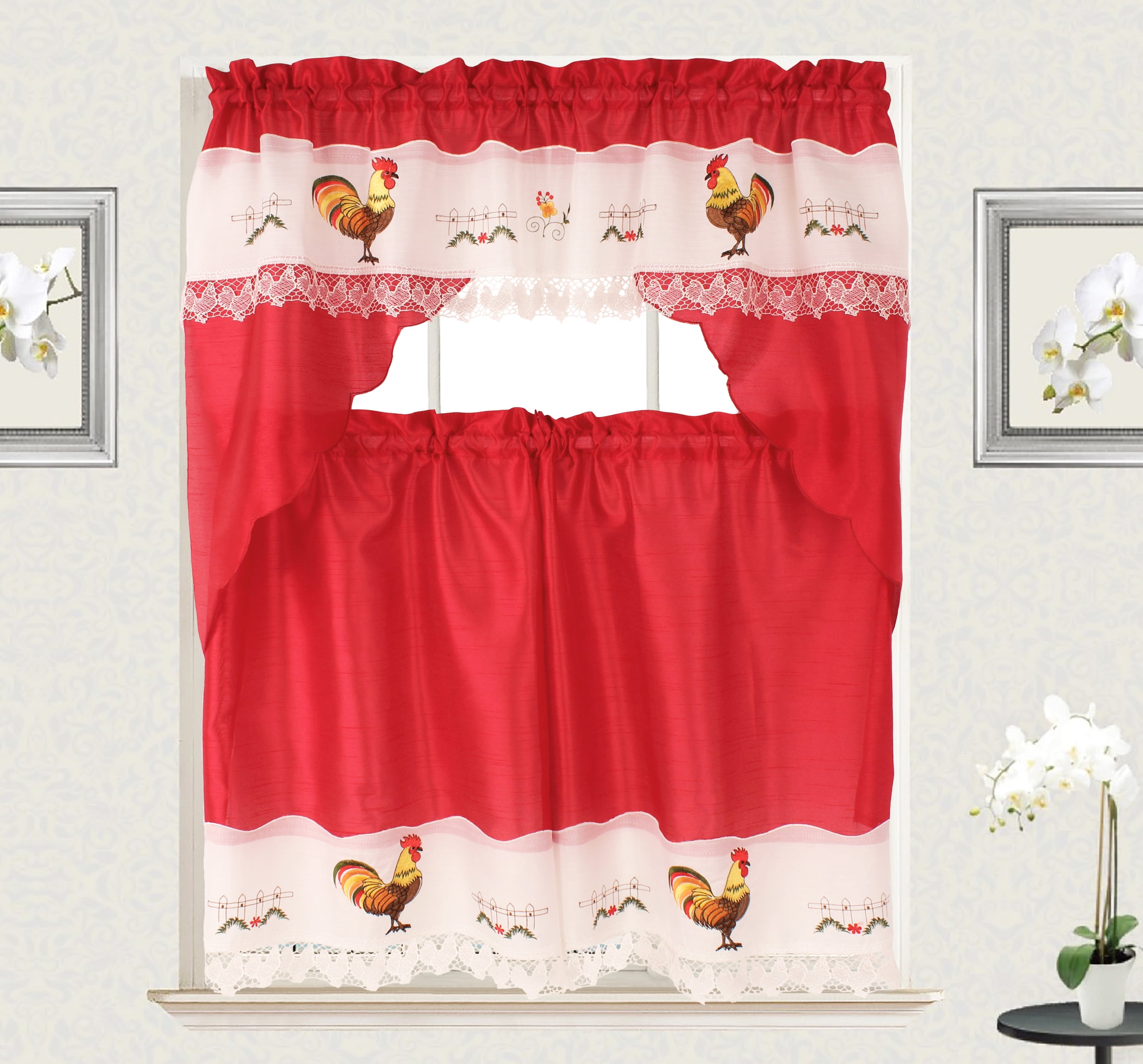 Rooster Macrame Embroidery Design Kitchen Curtain with Swag and Tier ...