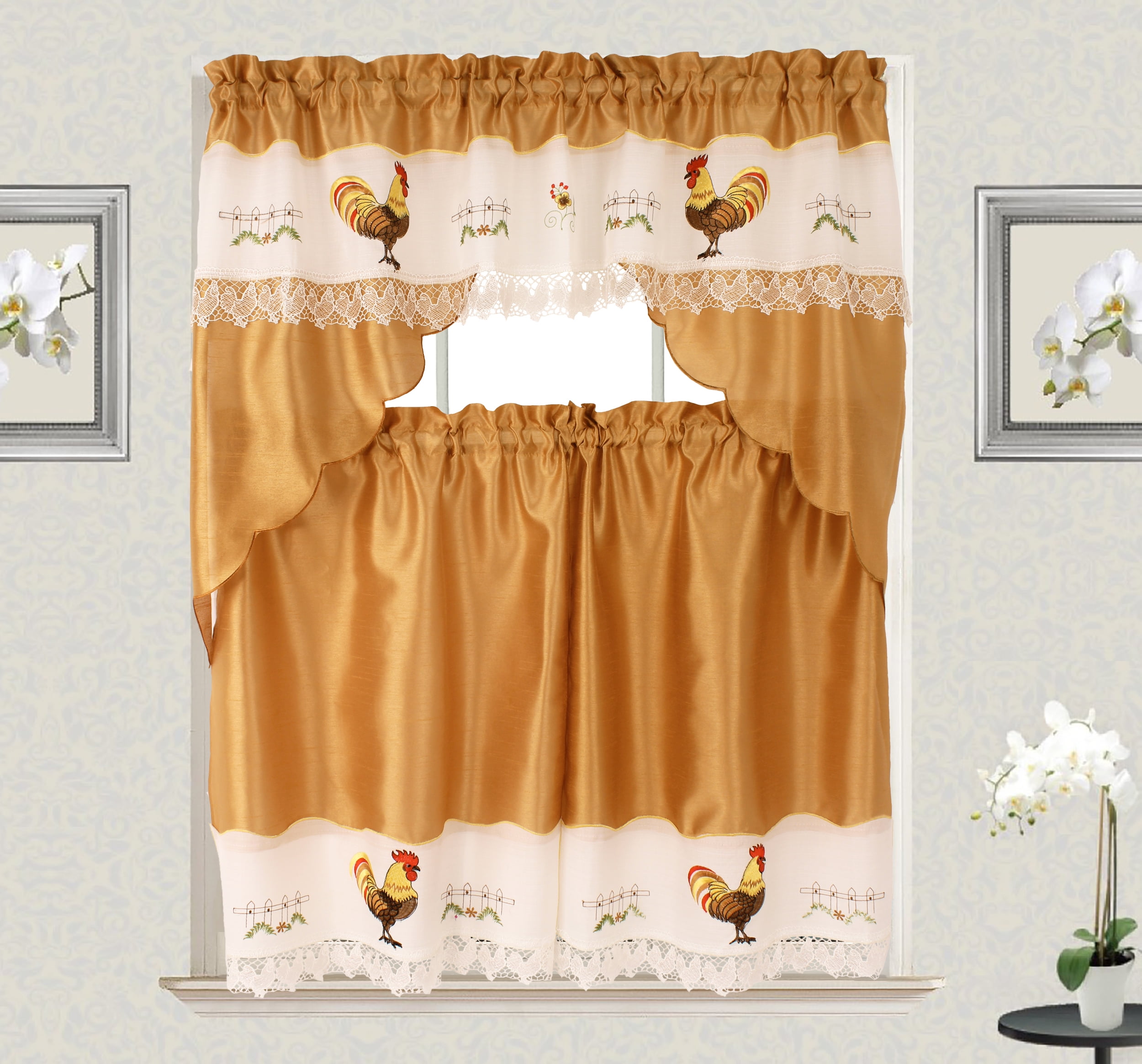 Rooster Macrame Embroidery Design Kitchen Curtain with Swag and Tier ...