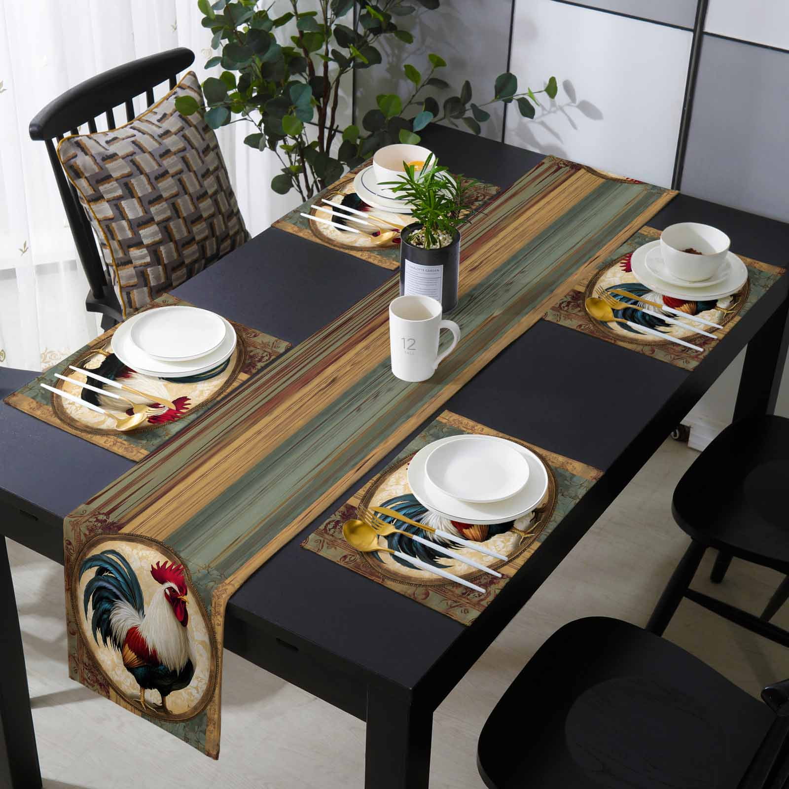 Rooster Placemats Set of 6 with 90 Inches Long Table Runners,Vintage ...