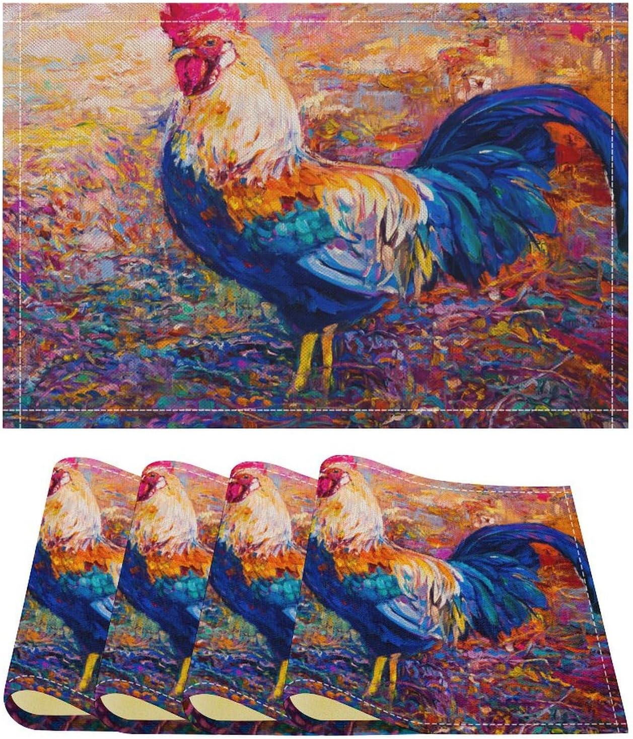 Rooster Placemats Set of 4,Hand Painted Oil Painting Art Aesthetic ...