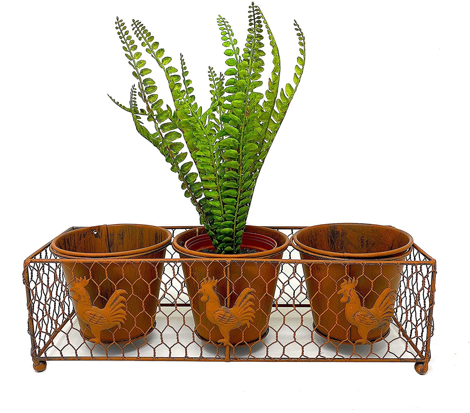 Rooster Planter Rustic Brown Decor 3 Metal Pots In Wire Basket ...