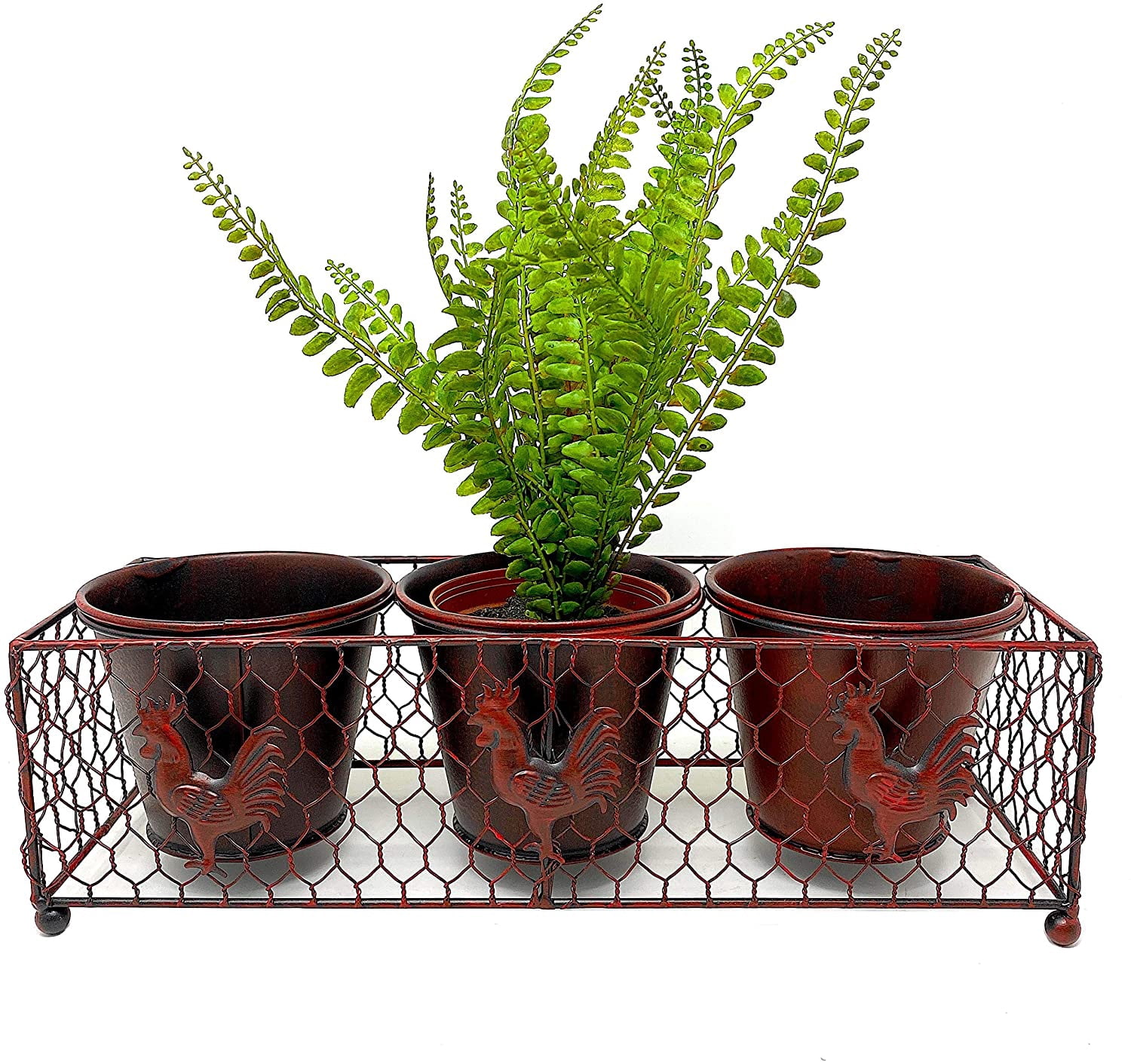 Rooster Planter Rustic Burgundy Decor 3 Metal Pots In Wire Basket ...