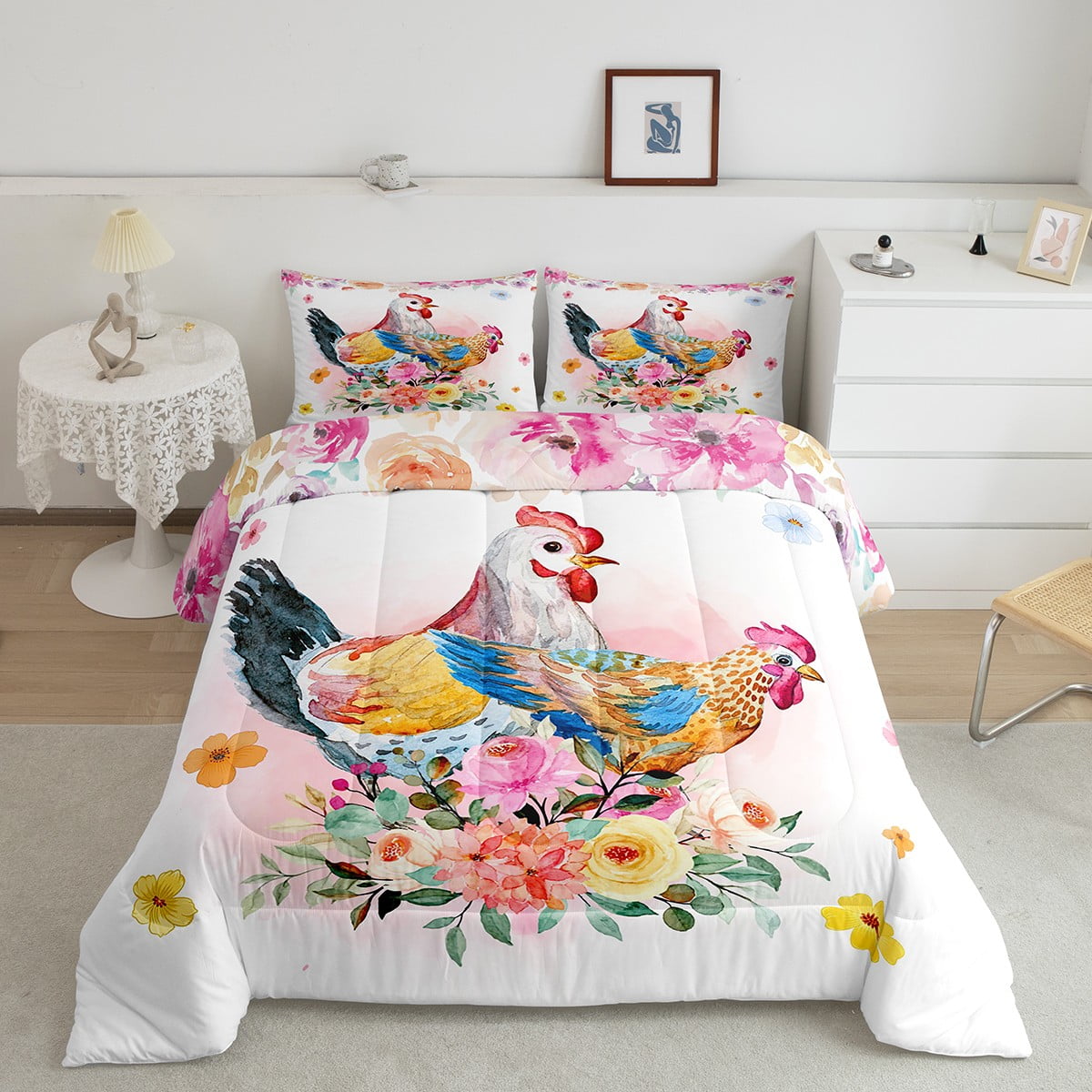 Rooster Queen Comforter Set Boho Floral Bedding Set,Cute Chick Cock ...