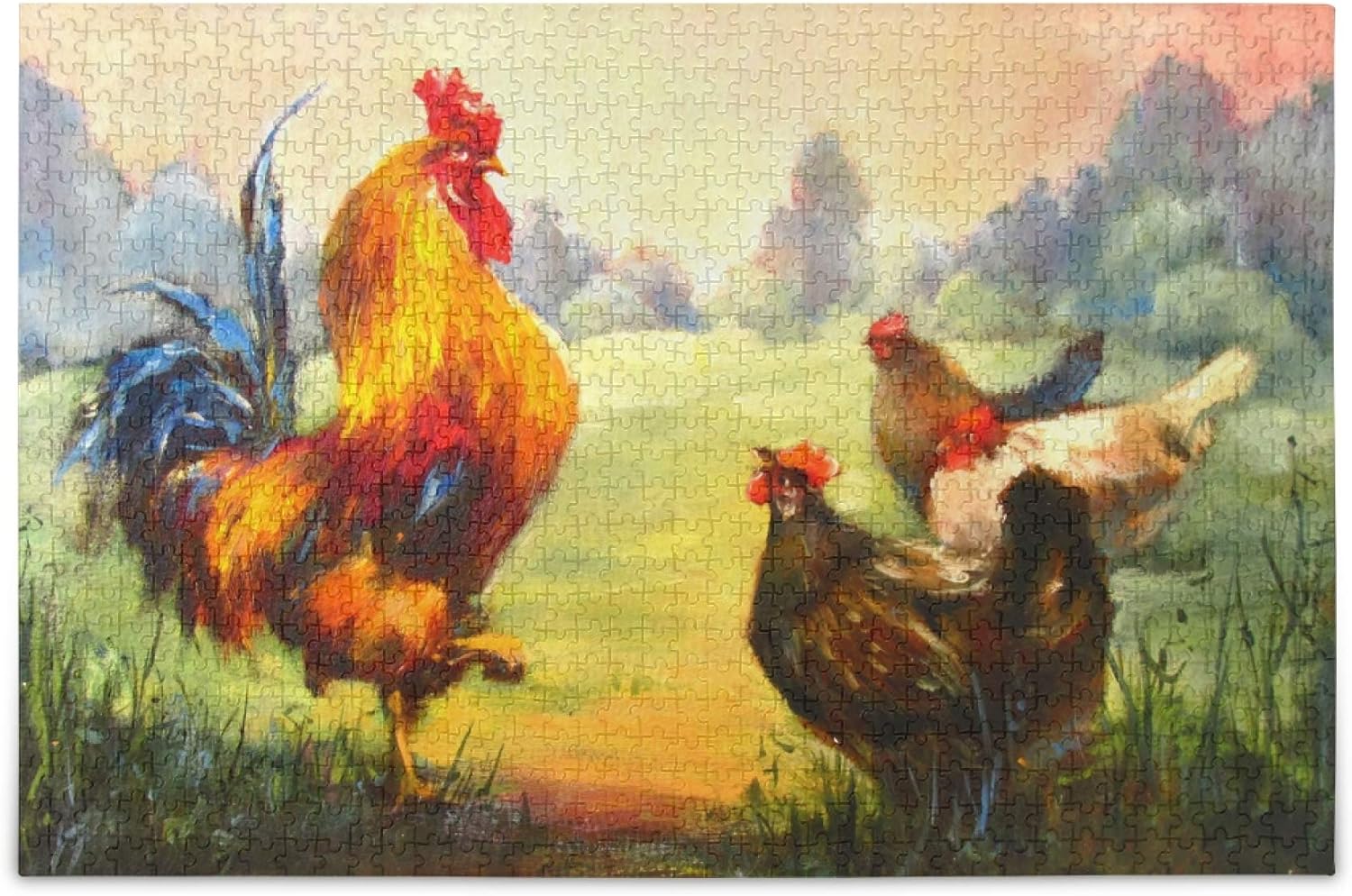 Rooster - Realistic Rooster and Chickens Oil Painting Jigsaw Puzzles for Adults 1000 Pieces Fun ...
