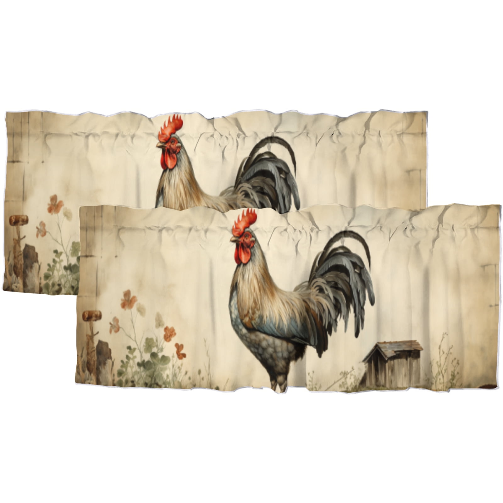 Rooster Rod Pocket Thermal Insulated Curtain Valance Rustic Wooden Barn ...