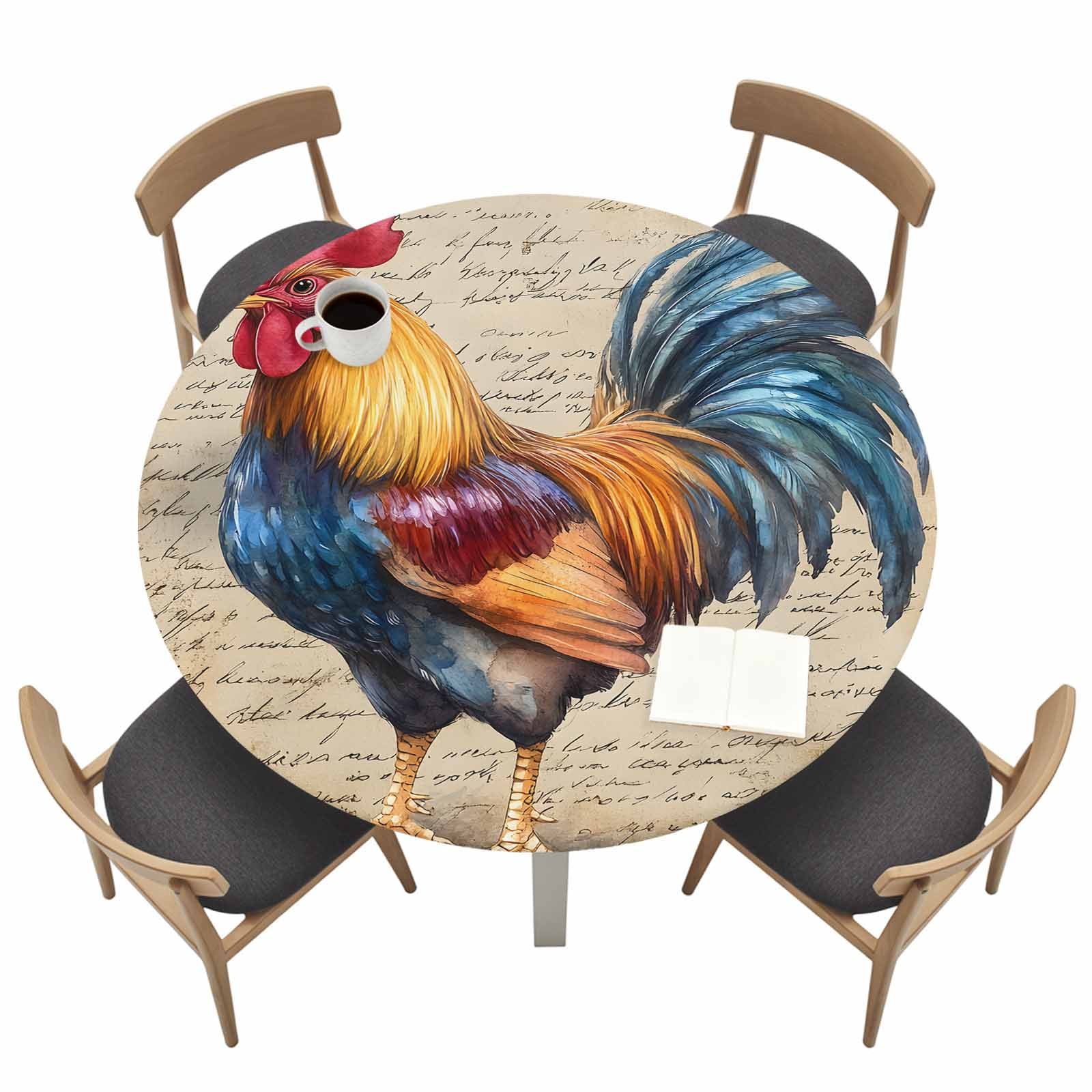 Rooster Round Fitted Tablecloth with Elastic Edge Retro Animal Table ...