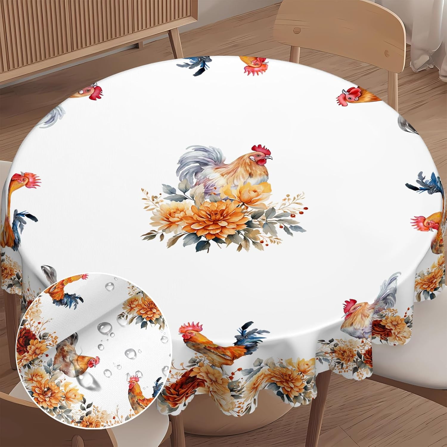 Rooster Round Tablecloth 60 Inch Vintage Style Chicken Flower ...