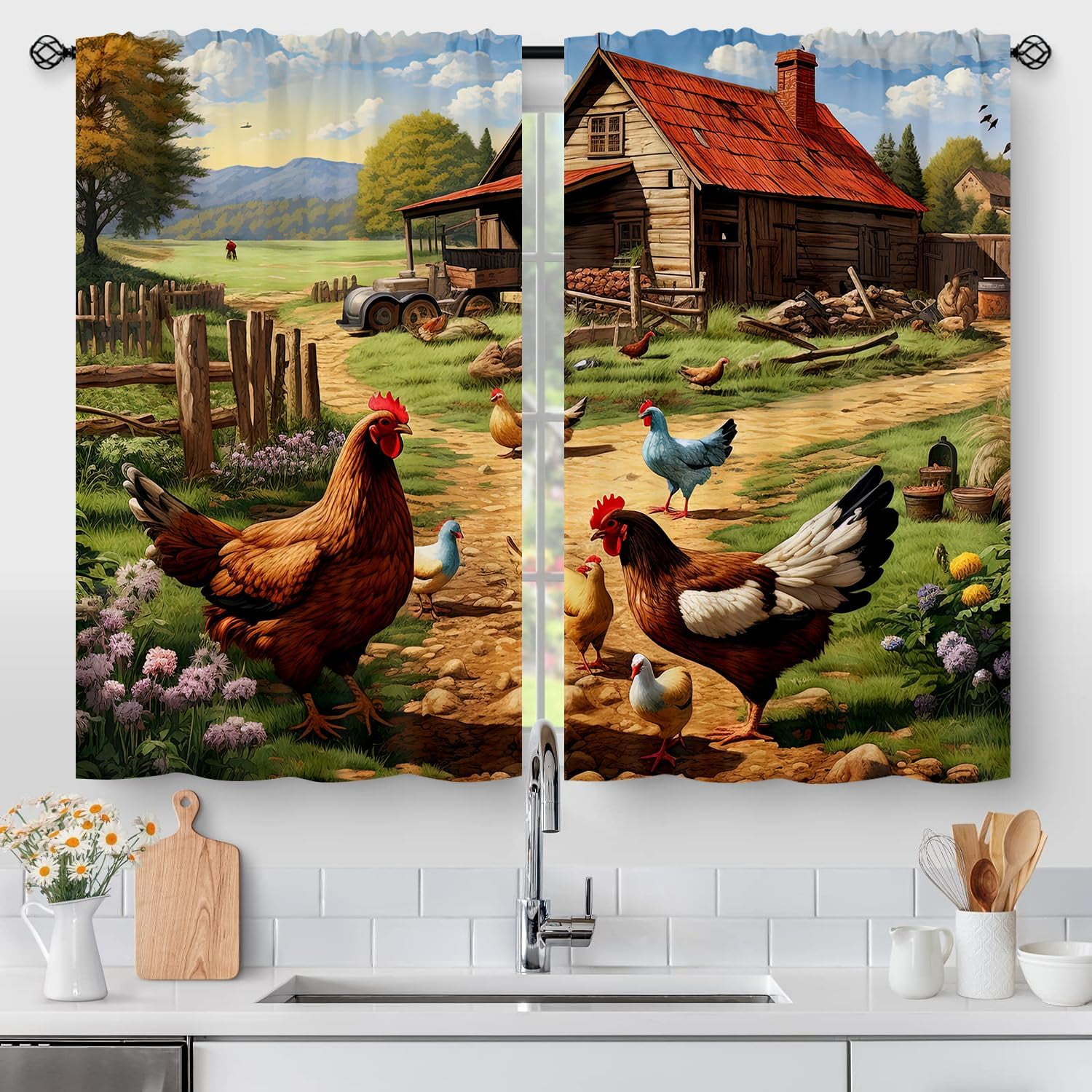 Rooster Rustic Farm Kitchen Curtain, Farmhouse Countryside Chicken ...