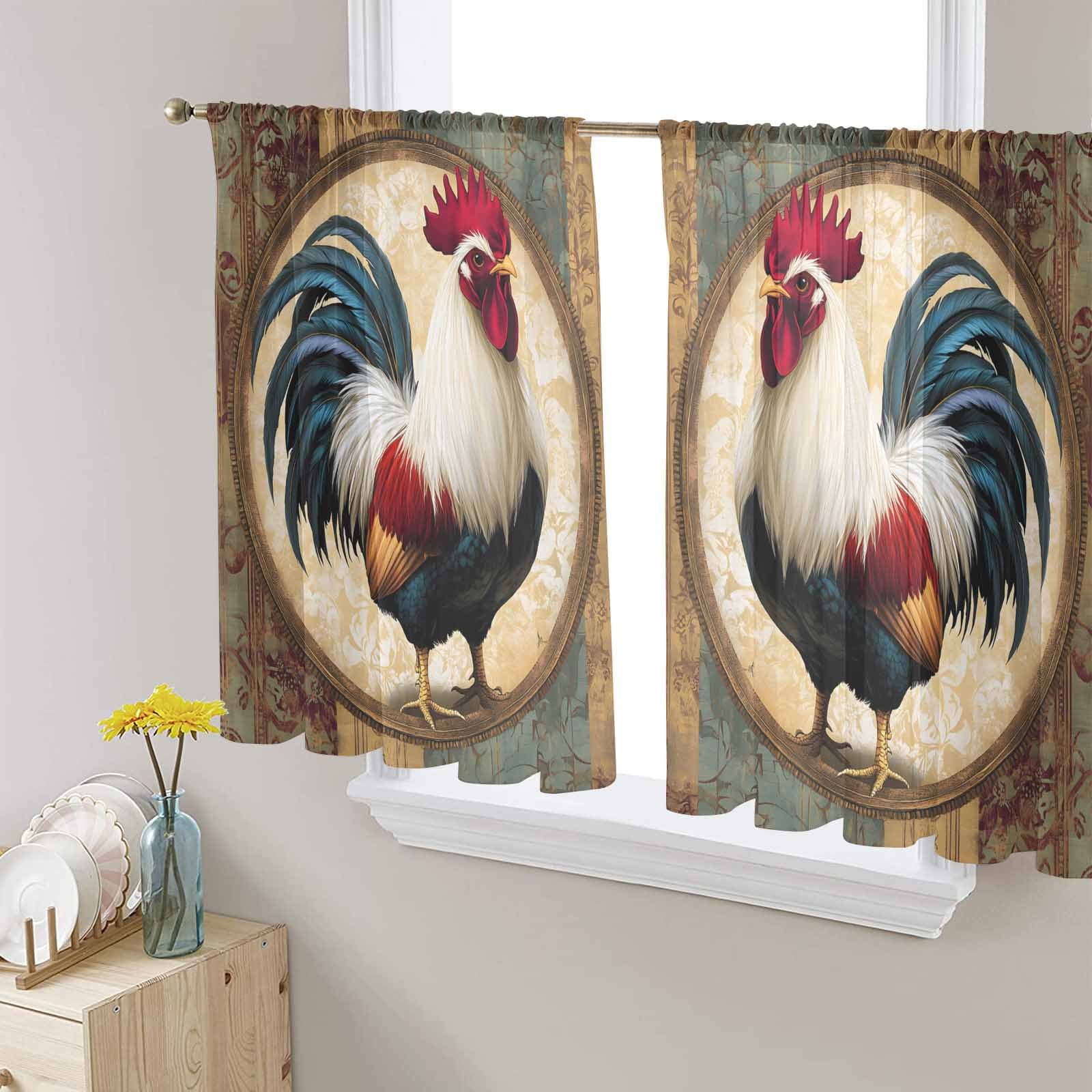 Rooster Semi Sheer Curtains 45 Inch Length 2 Panels Set, Vintage Rustic ...