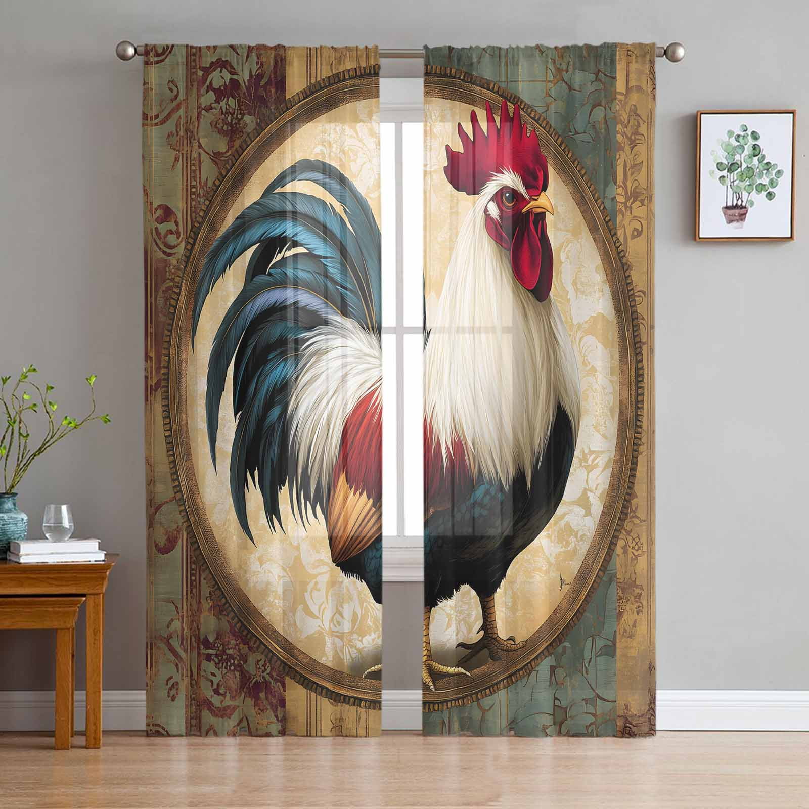 Rooster Semi Sheer Curtains 72 Inch Length 2 Panels Set, Vintage Rustic ...