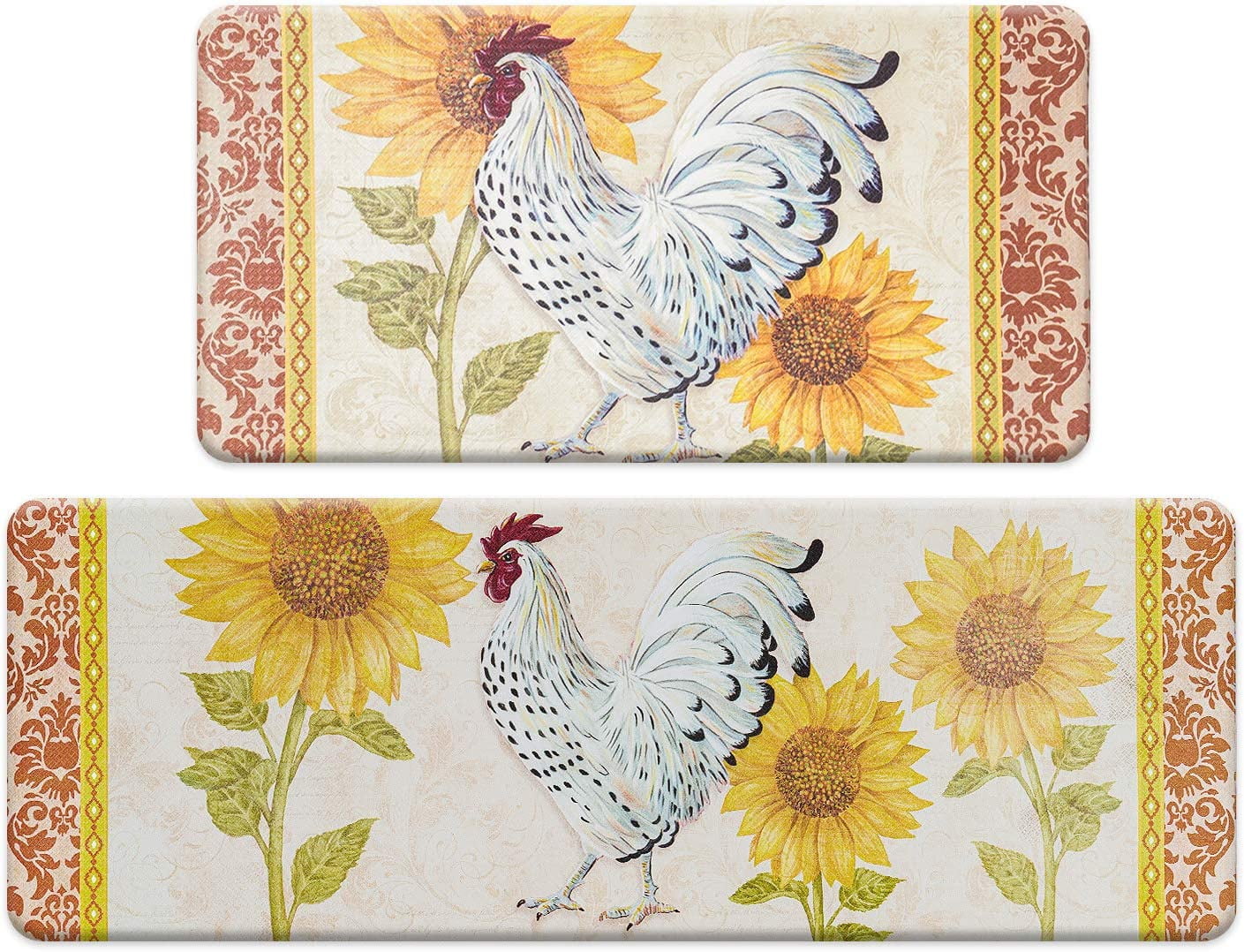 Rooster and Sunflower Kitchen Rug Set 2 Pieces, Cushioned Anti-Fatigue ...