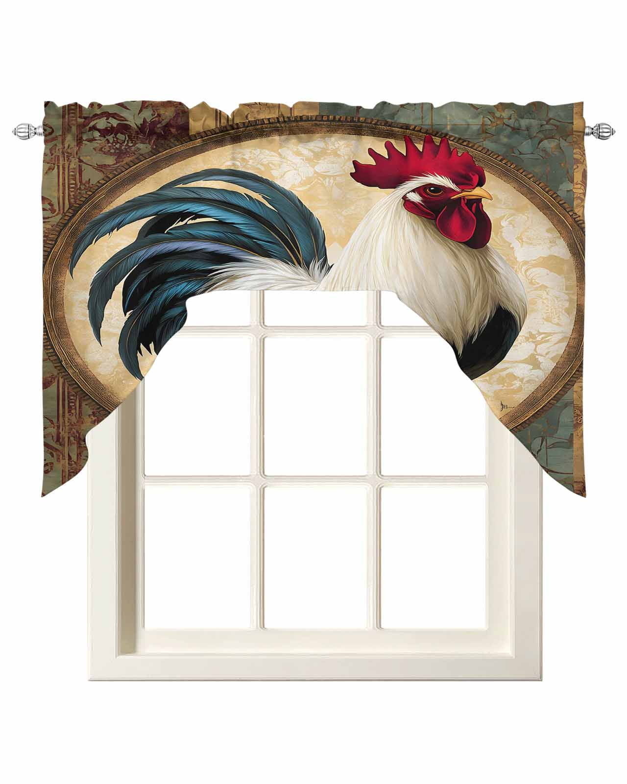 Rooster Swag Valance and Tier Curtains Set Vintage Rustic Farmhouse ...