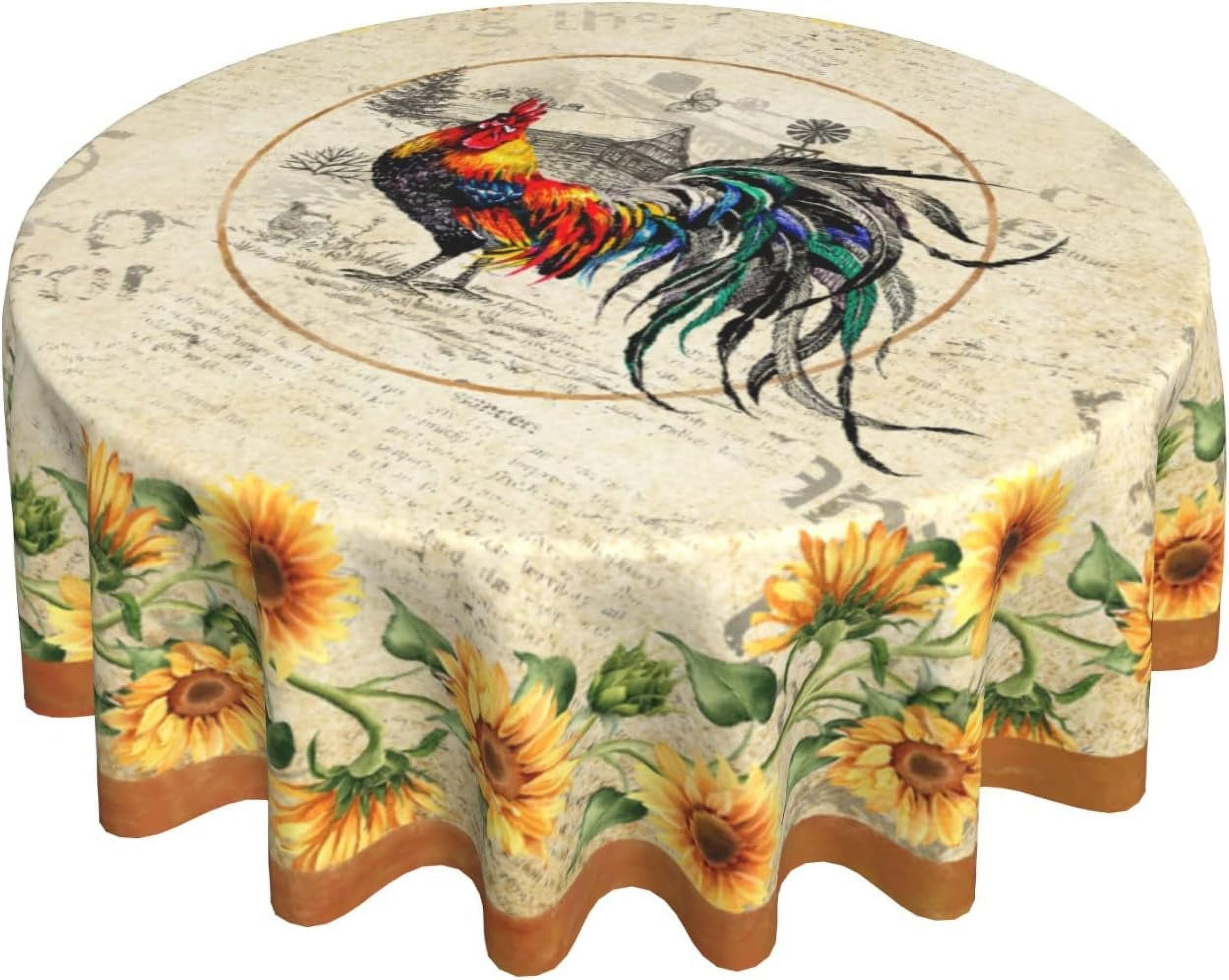 Rooster Tablecloth Round 60 inch Vintage Style Chicken Sunflower Table ...