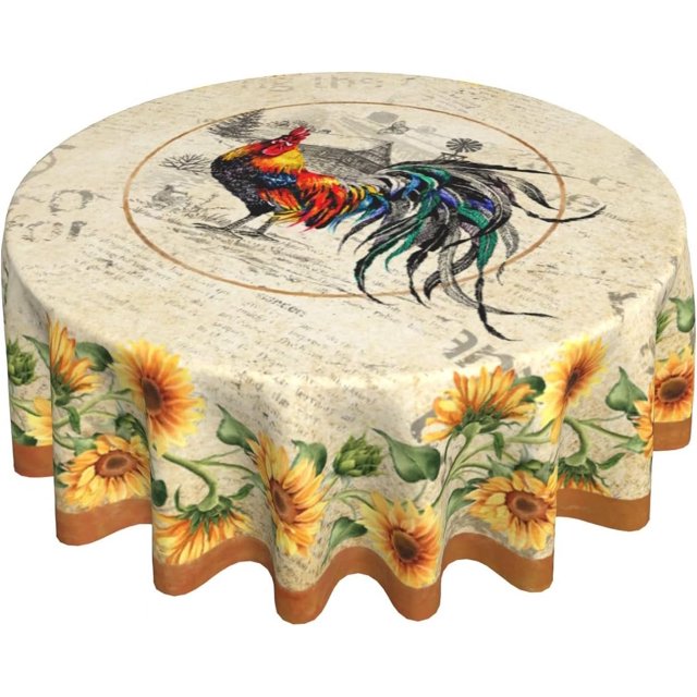 Rooster Tablecloth Round 60 inch Vintage Style Chicken Sunflower Table ...